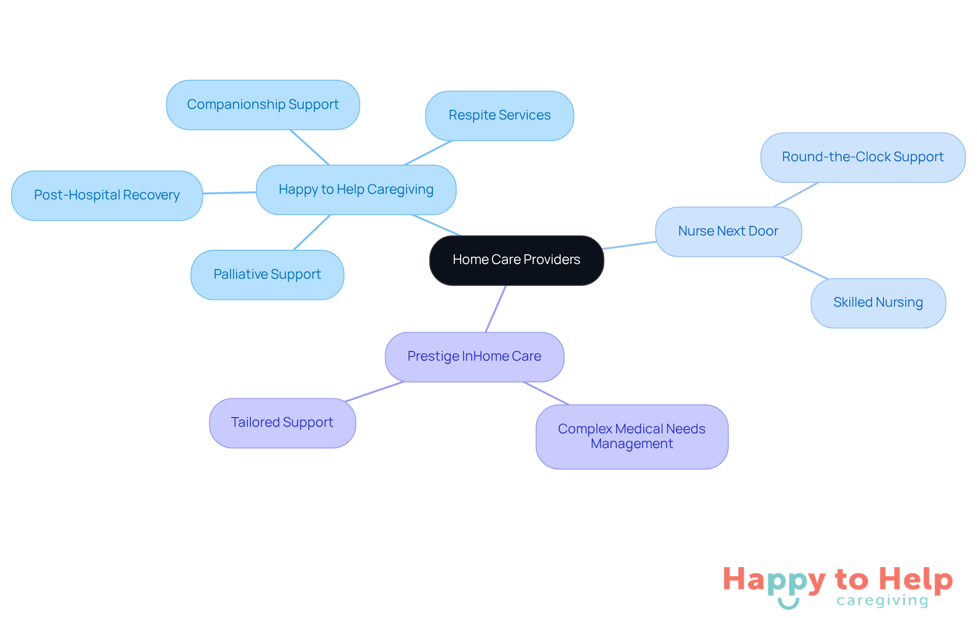 The central node represents the overall topic of home care providers. Each branch shows a different provider, and the sub-branches detail the specific services they offer. This layout helps you see how each provider meets different needs.