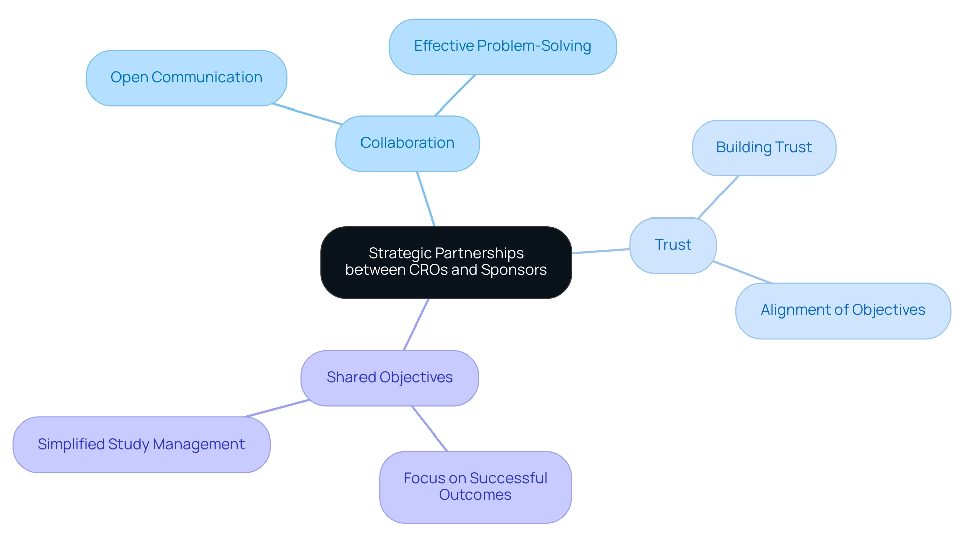 Central node represents the main theme, with branches illustrating key factors influencing strategic partnerships. Each branch's color distinguishes it from others.