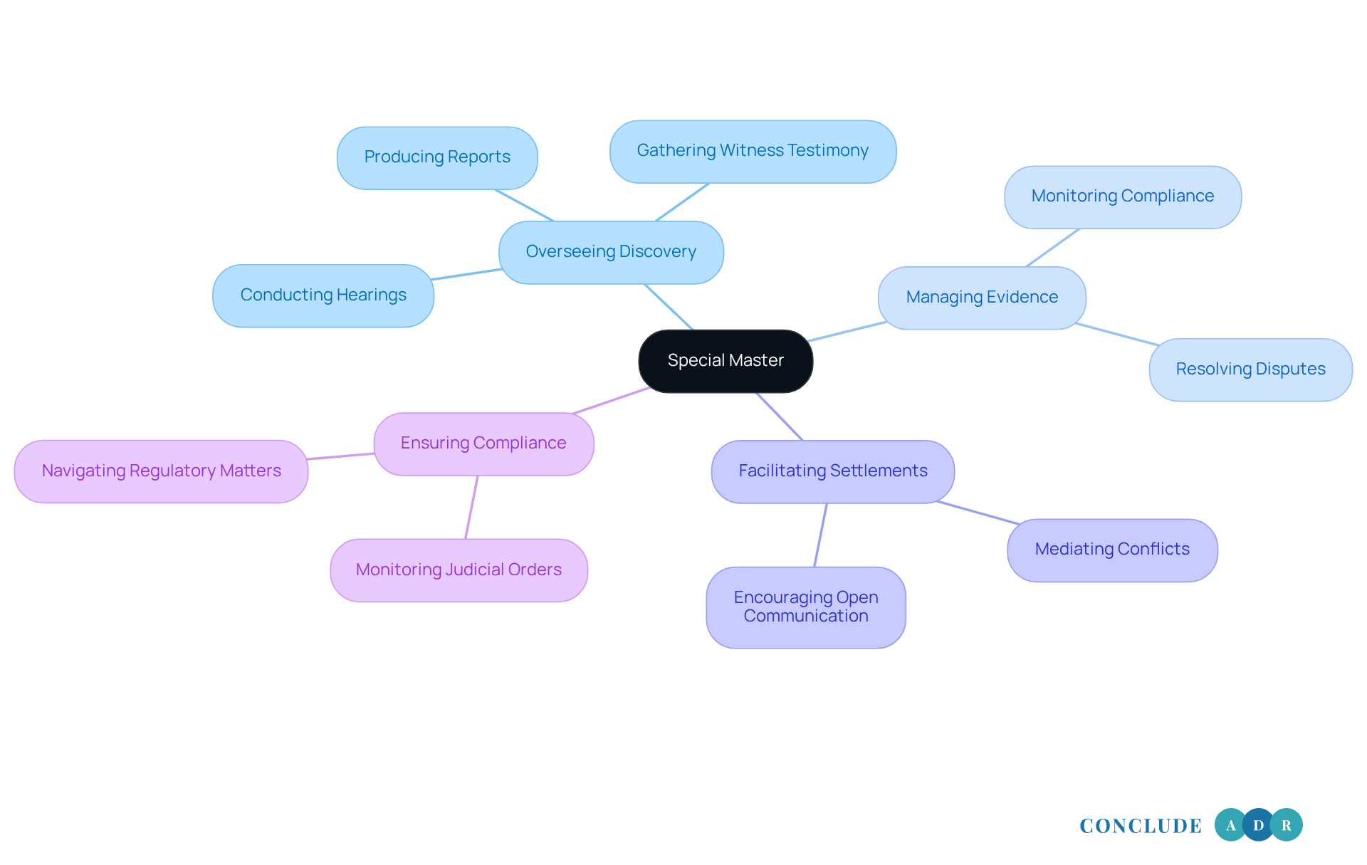 The central node represents the role of a special master, while the branches show their key functions. Each sub-branch provides more detail about what those functions entail, helping you understand the multifaceted role they play in the legal system. The central node represents the role of a special master, while the branches show their key functions. Each sub-branch provides more detail about what those functions entail, helping you understand the multifaceted role they play in the legal system.