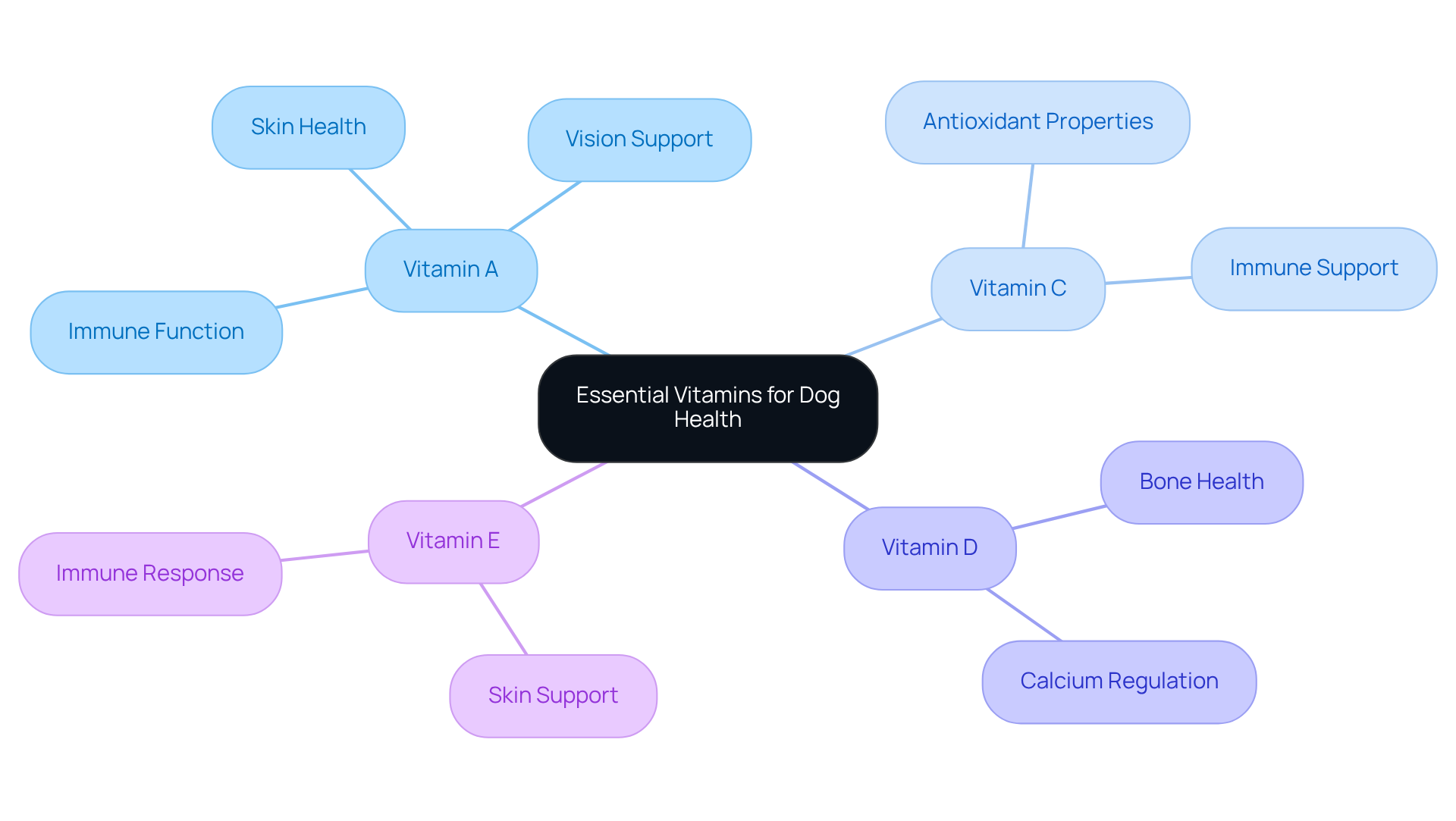 The central node represents the overall topic of essential vitamins for dogs. Each vitamin is a branch that connects to its benefits, showing how they contribute to your dog's health and immune system. The central node represents the overall topic of essential vitamins for dogs. Each vitamin is a branch that connects to its benefits, showing how they contribute to your dog's health and immune system.