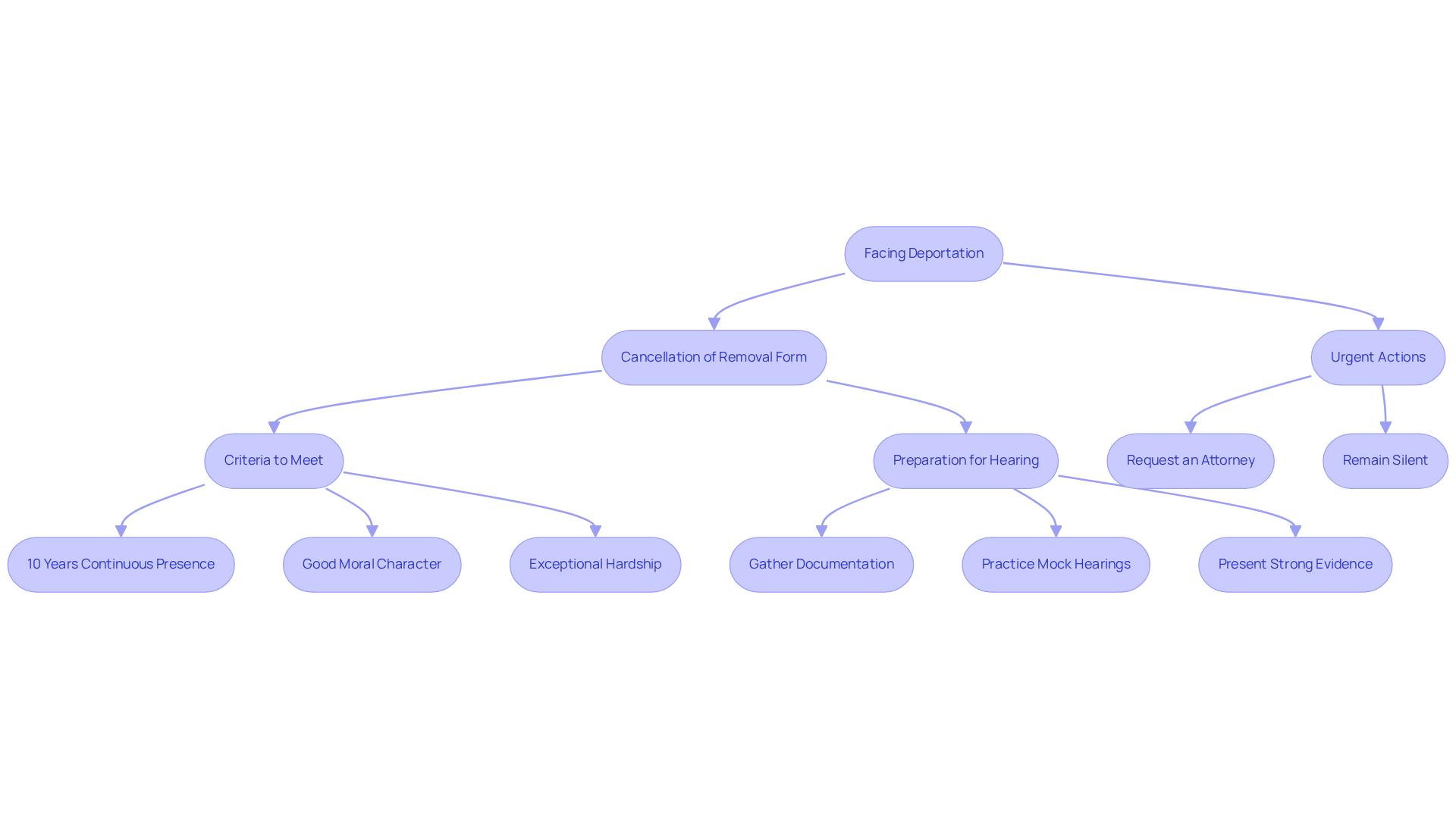 This flowchart guides you through the steps to take if facing deportation. Start at the top and follow the arrows to understand what you need to do, from meeting criteria to preparing for your hearing.
