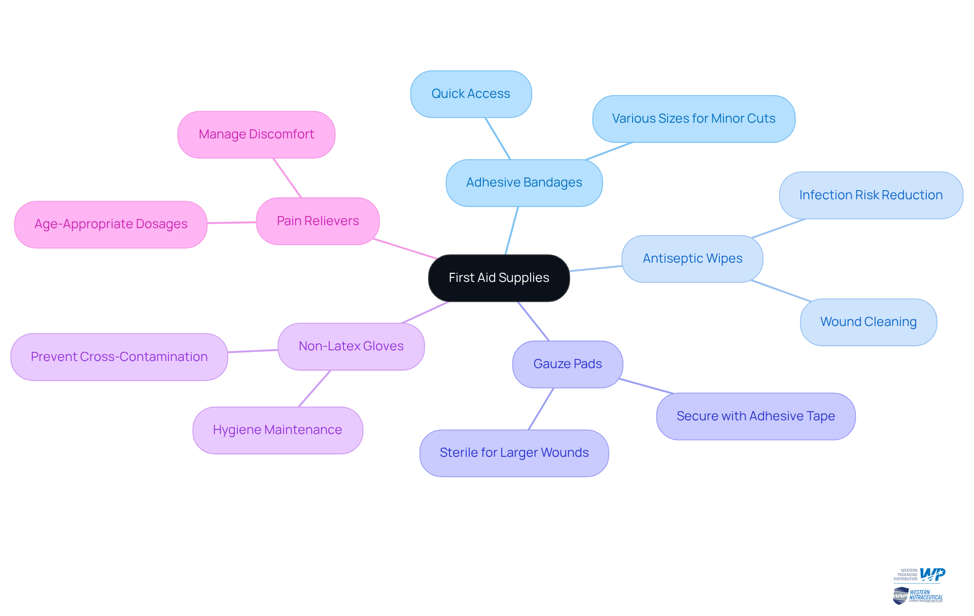 The center represents the main topic, and each branch shows the critical items that belong in a first aid kit. Additional notes on each item explain why it’s important, helping you understand what to include and why.