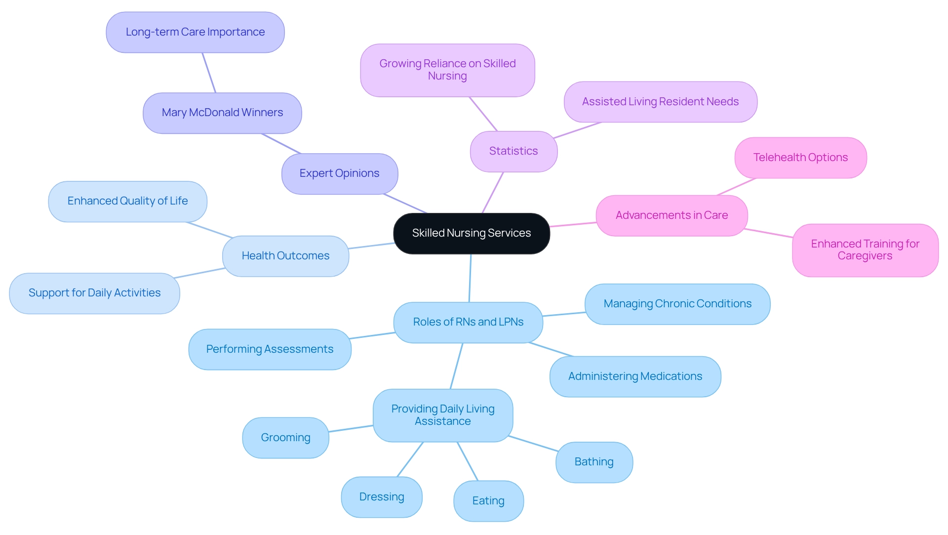 The center represents the main topic of skilled nursing services. Each branch represents a specific aspect related to skilled nursing, helping you see the connections and importance of each area in supporting elderly health.