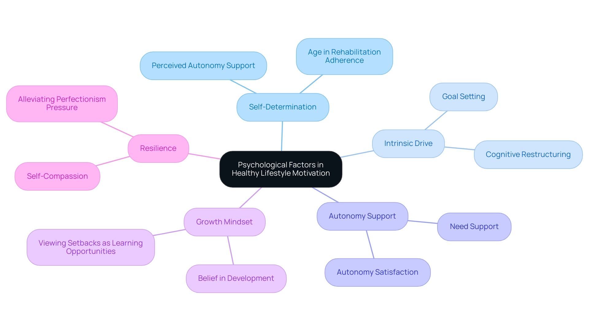 The central node represents the overarching theme, with branches showing key psychological factors and their subcategories related to motivating a healthy lifestyle.