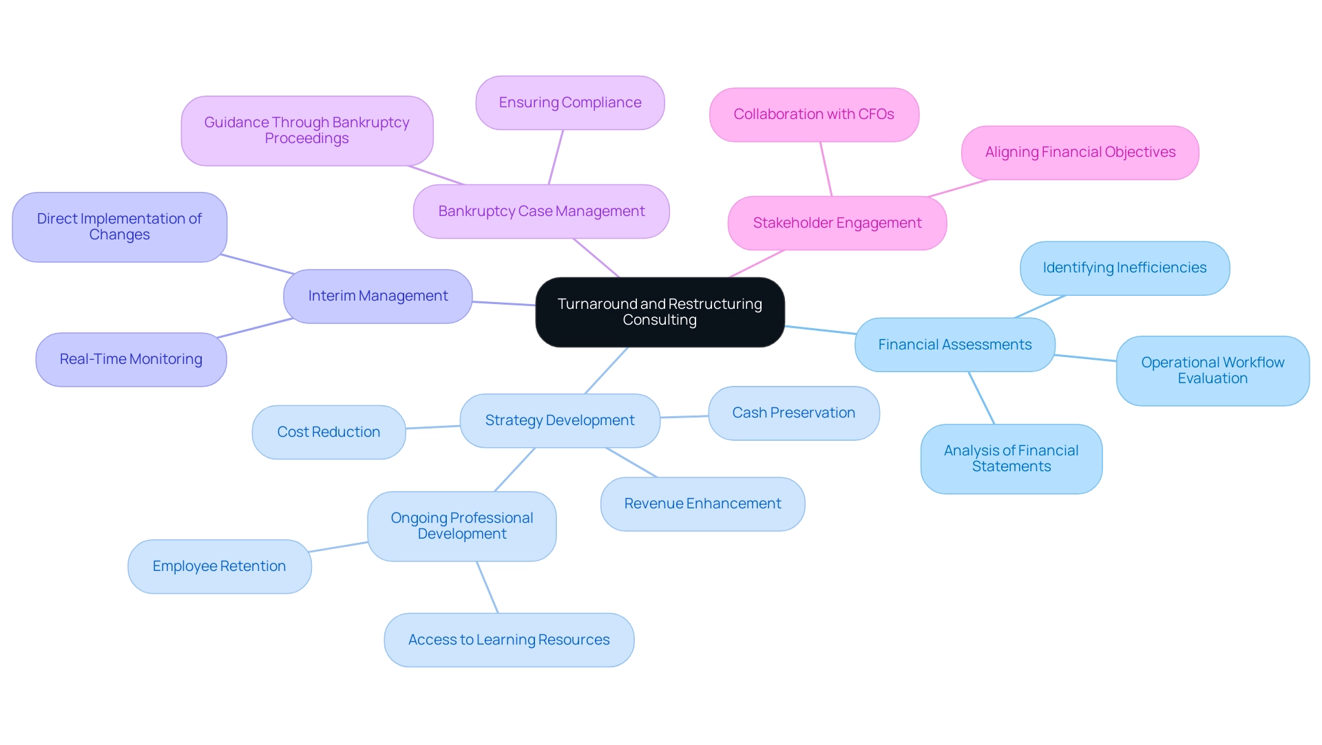 The central node represents the overarching concept, while each branch represents key functions of consulting, with colors distinguishing between different functions.