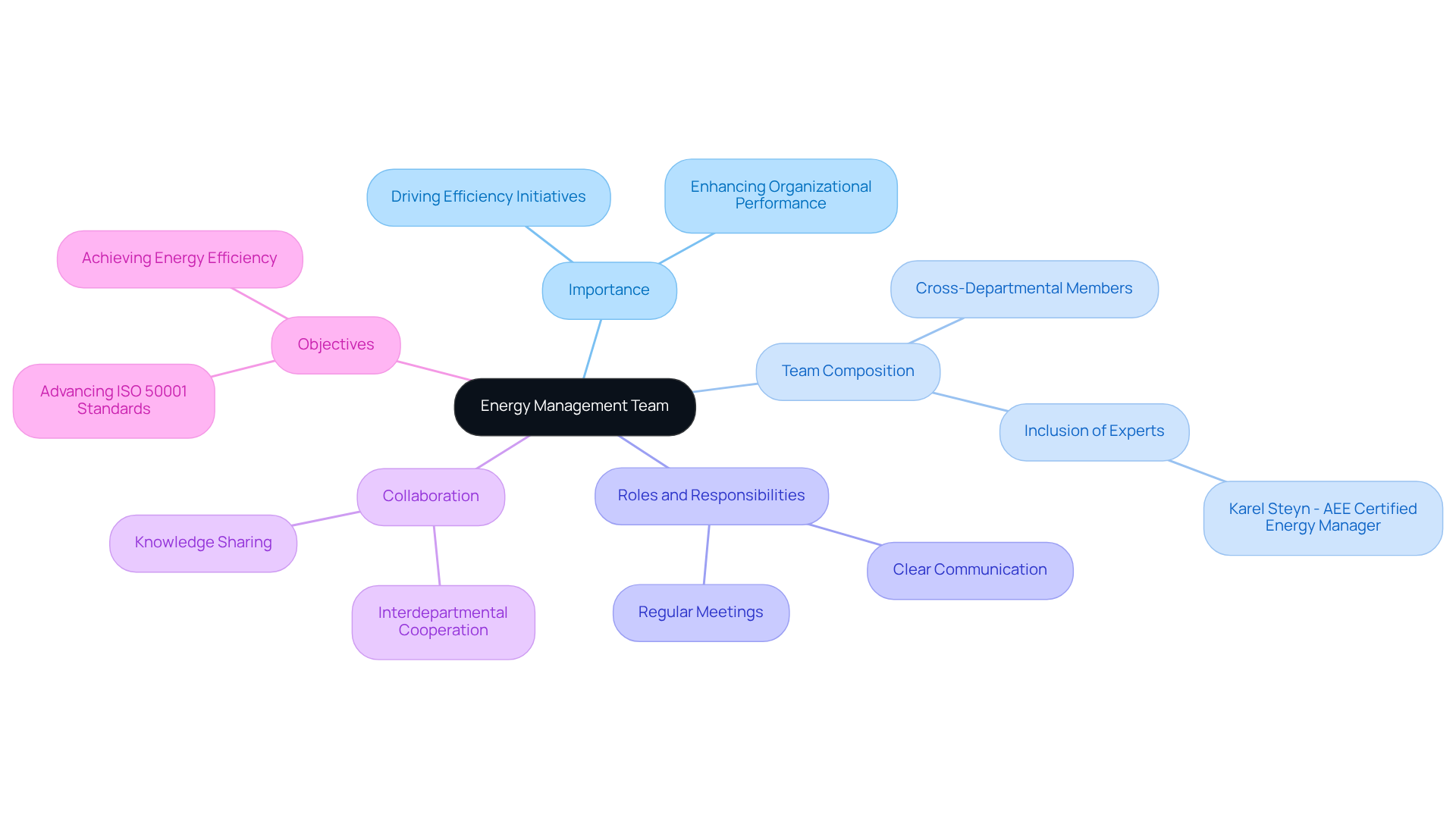 At the center is the Energy Management Team concept, with branches representing its various components. Each branch details specific roles, importance, and objectives, guiding you through the structure and purpose of the team. At the center is the Energy Management Team concept, with branches representing its various components. Each branch details specific roles, importance, and objectives, guiding you through the structure and purpose of the team.