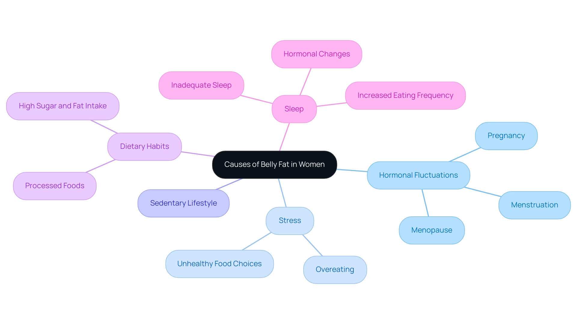 Each branch represents a major contributing factor to belly fat, and sub-branches detail specific elements or related issues.