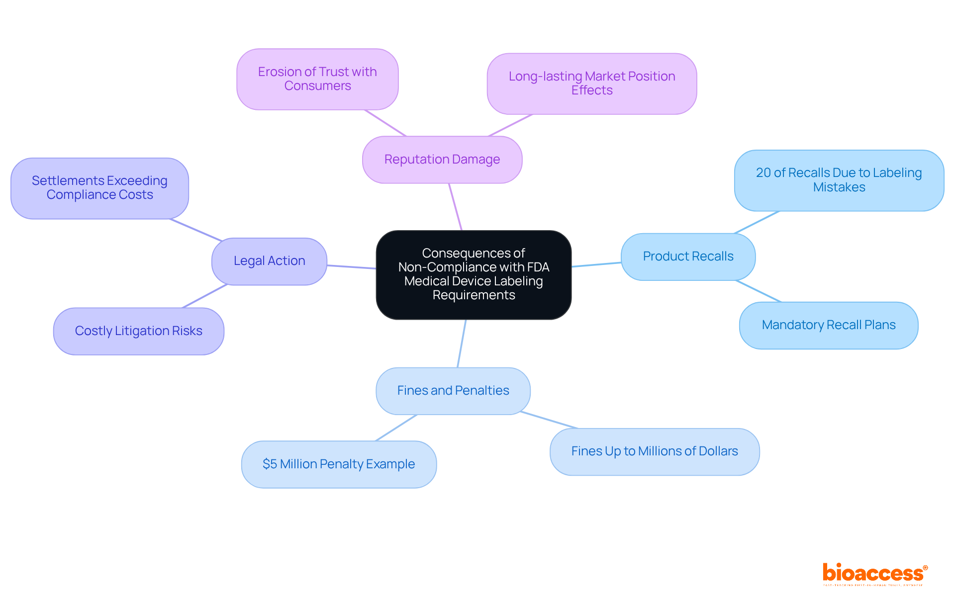 The center represents the main issue of non-compliance, and each branch highlights a specific consequence. The further branches provide additional details related to each consequence. This visual helps to understand the potential risks and impacts clearly.