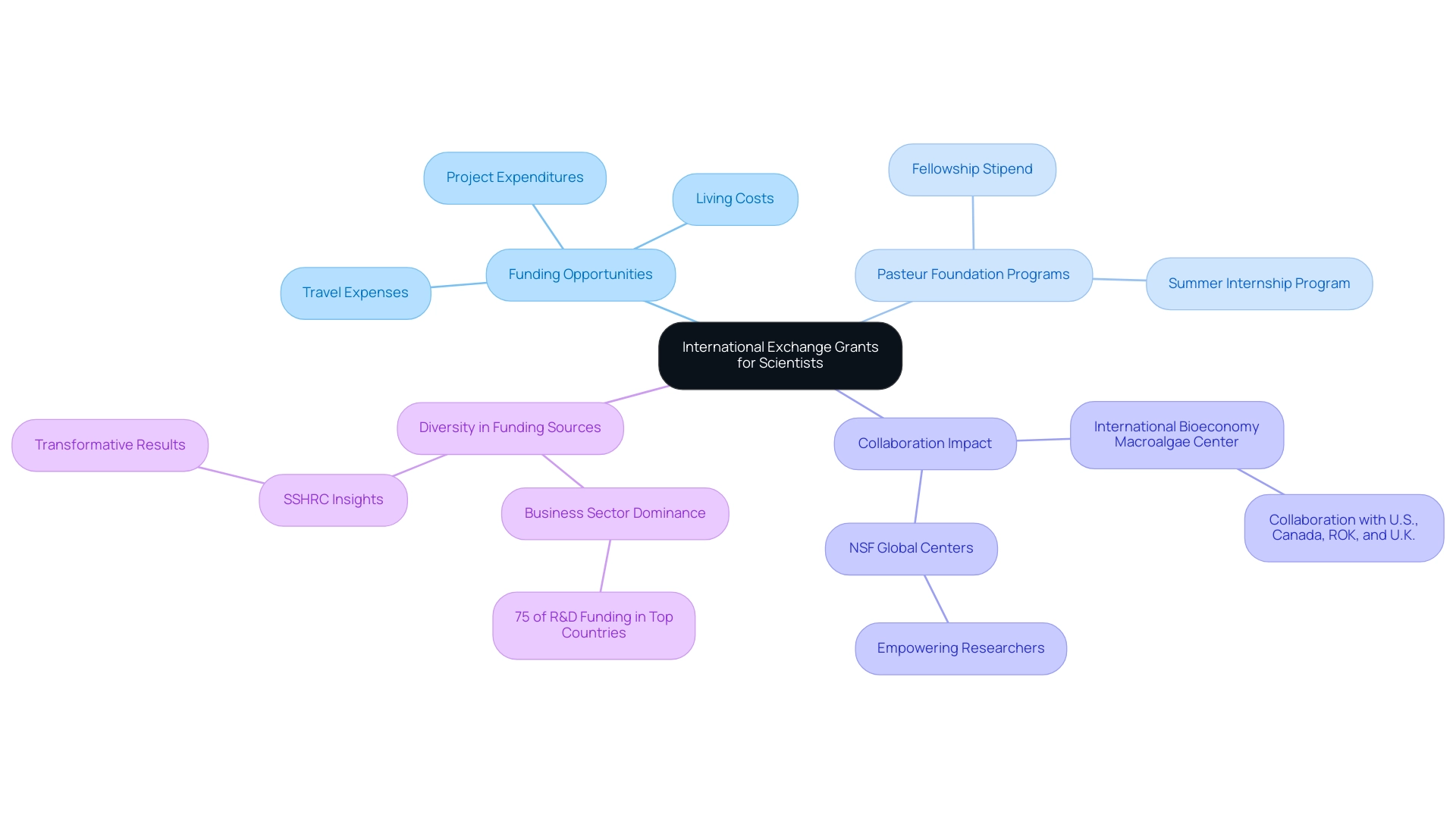 The central node represents international exchange grants, with branches for funding opportunities, specific programs, collaboration impacts, and funding diversity.