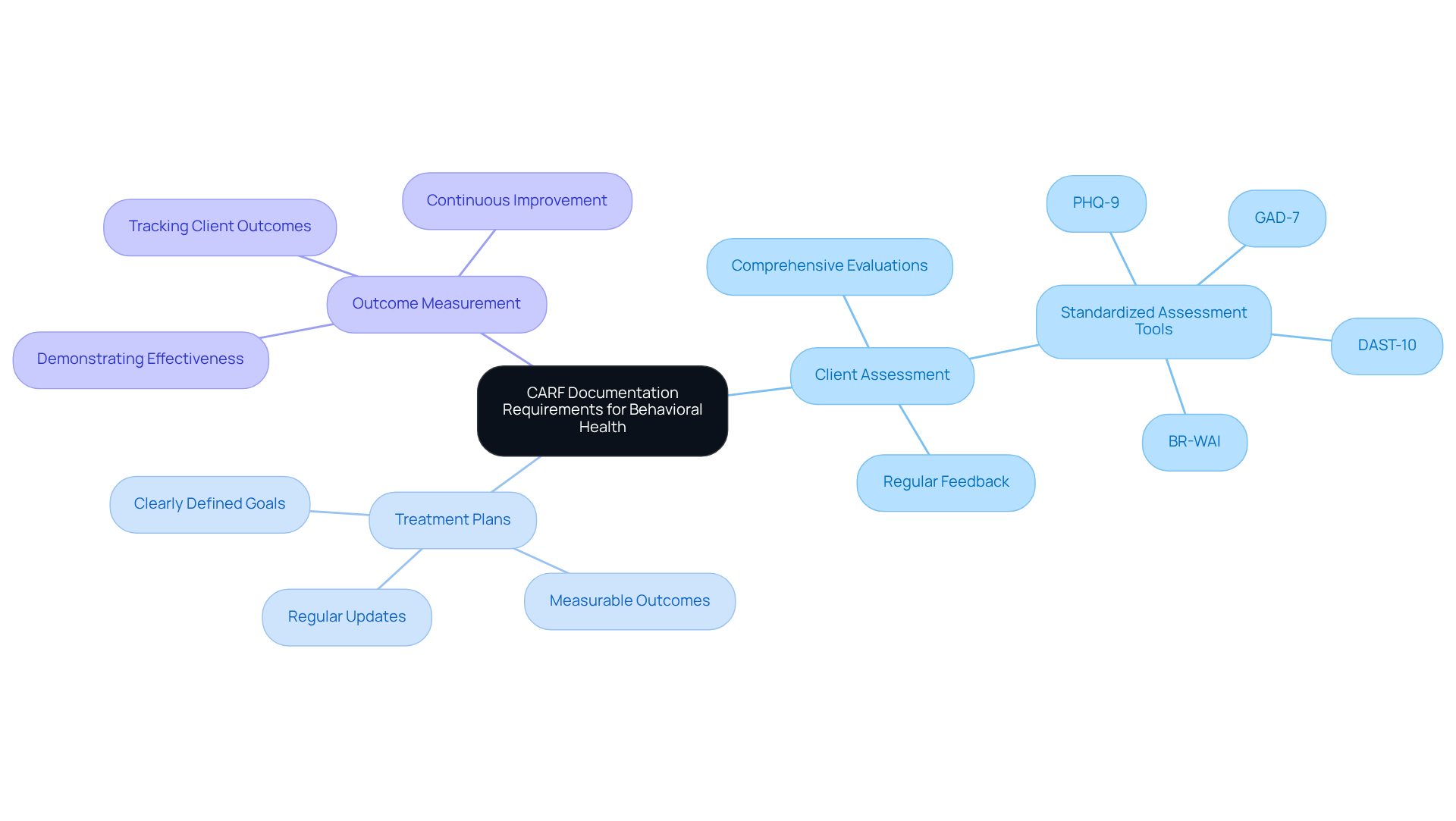 The center represents the overall CARF documentation requirements, while the branches show key areas that need attention. Each sub-branch provides more detail on what needs to be documented in that area.