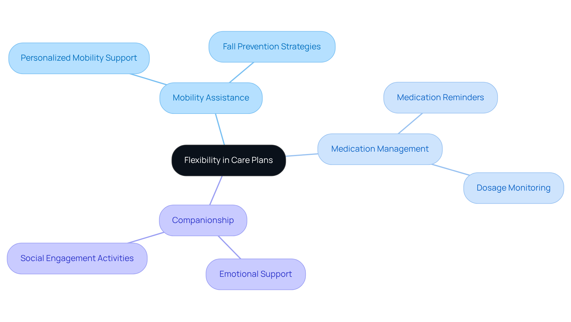 The center shows the main idea of flexibility in care, while branches represent the different types of support available. Each color-coded branch provides a clear view of how individual needs are met through tailored services.