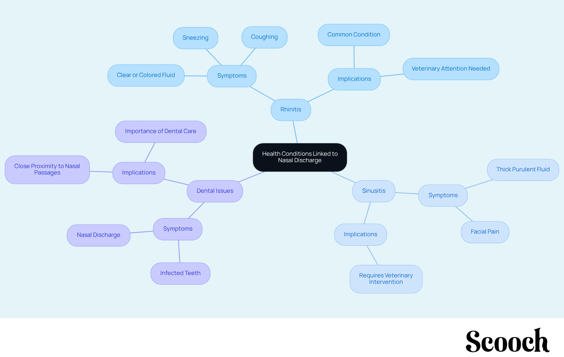 This mindmap starts with the main topic in the center and branches out to show different health conditions that can cause nasal discharge in dogs. Each branch represents a specific condition, and the sub-branches provide more details about symptoms and related concerns. Follow the branches to see how these health issues connect to your dog's well-being.