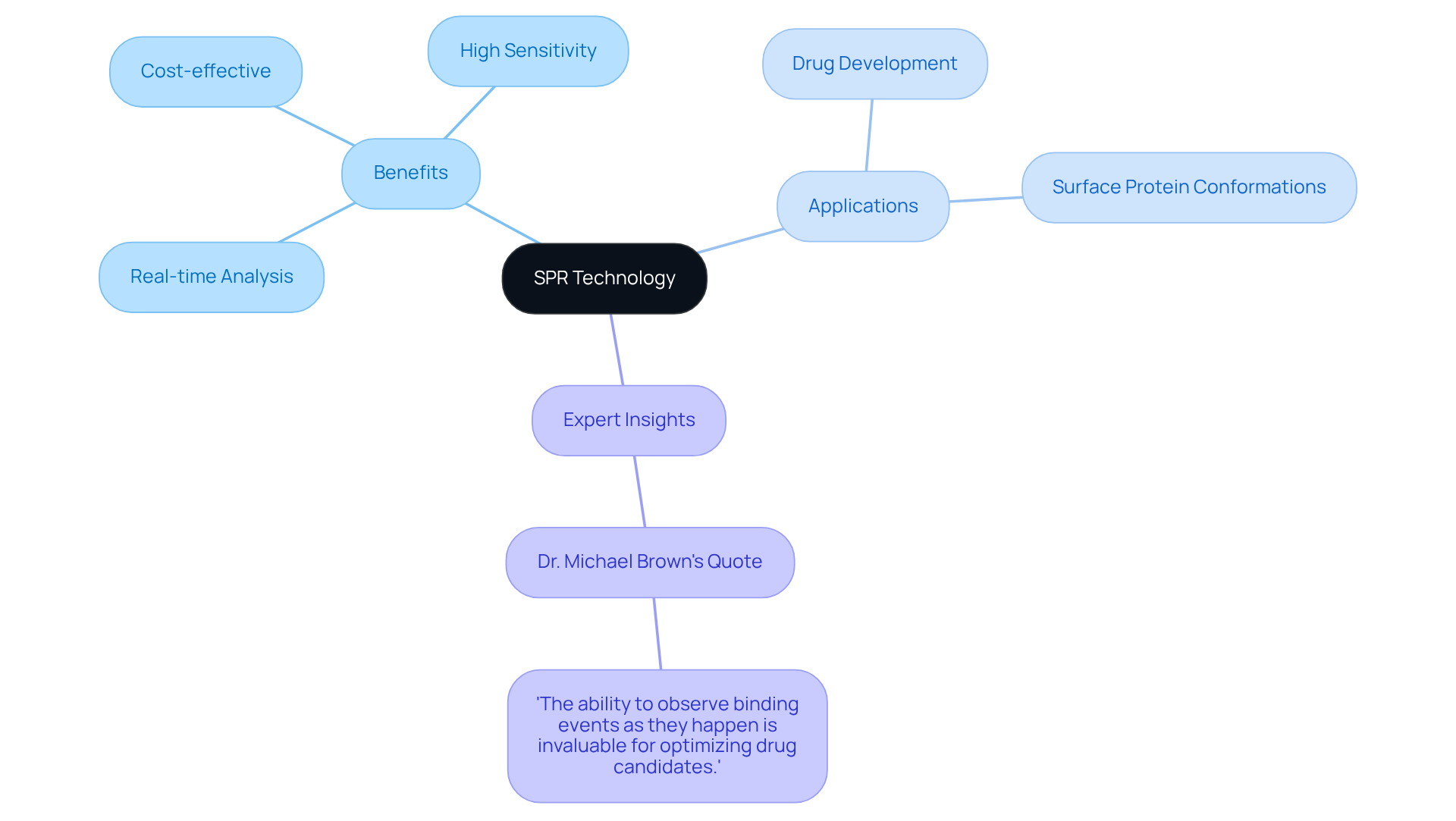 The central node represents SPR technology, with branches showing its benefits, applications, and expert opinions. Each branch highlights important aspects that contribute to understanding how SPR technology is revolutionizing drug development.