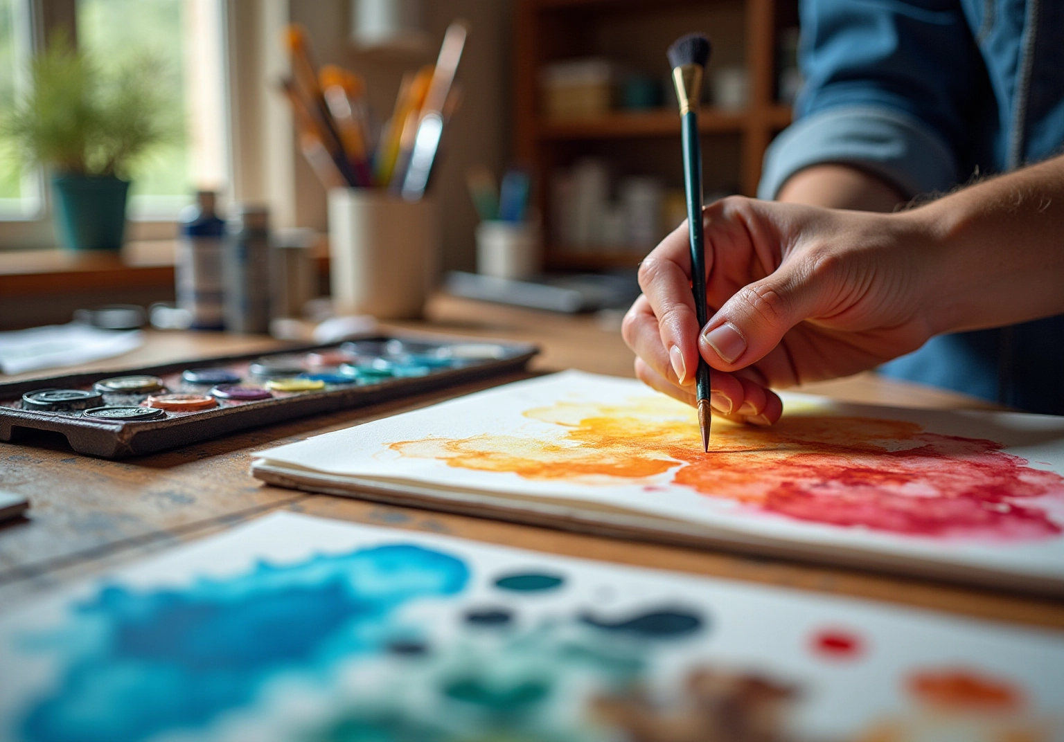 Selecting Watercolor Paints in an Artist's Studio Selecting Watercolor Paints in an Artist's Studio