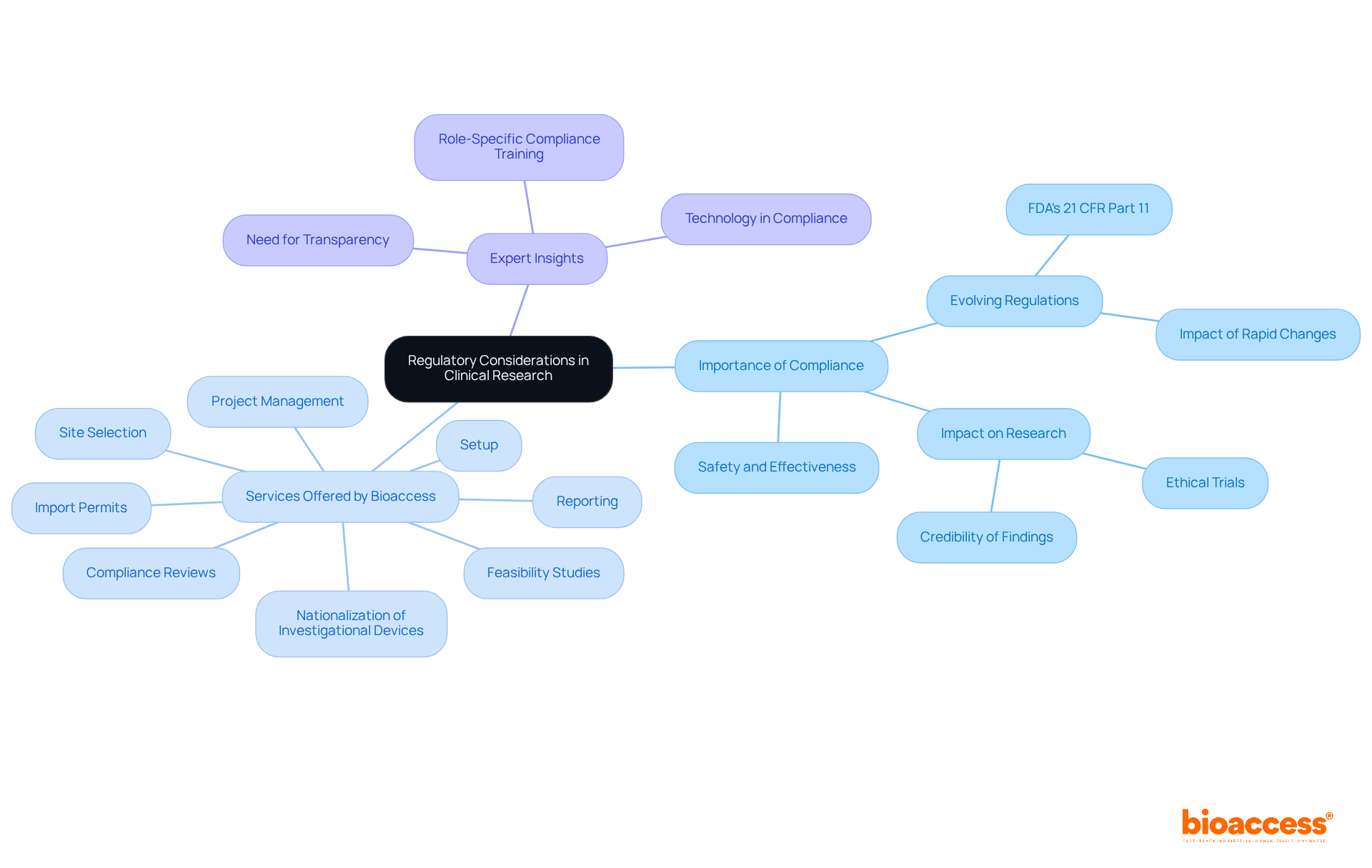 The central node represents the main topic of regulatory considerations. Each branch shows a key area related to compliance, with further details branching out to illustrate specific services and insights. This layout helps you understand how different aspects of compliance are interconnected.