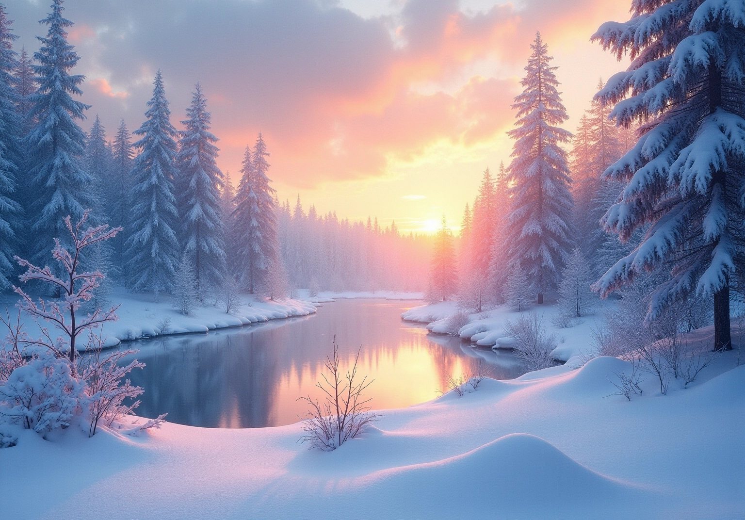 Serene Winter Landscape with Colorful Contrasts Serene Winter Landscape with Colorful Contrasts