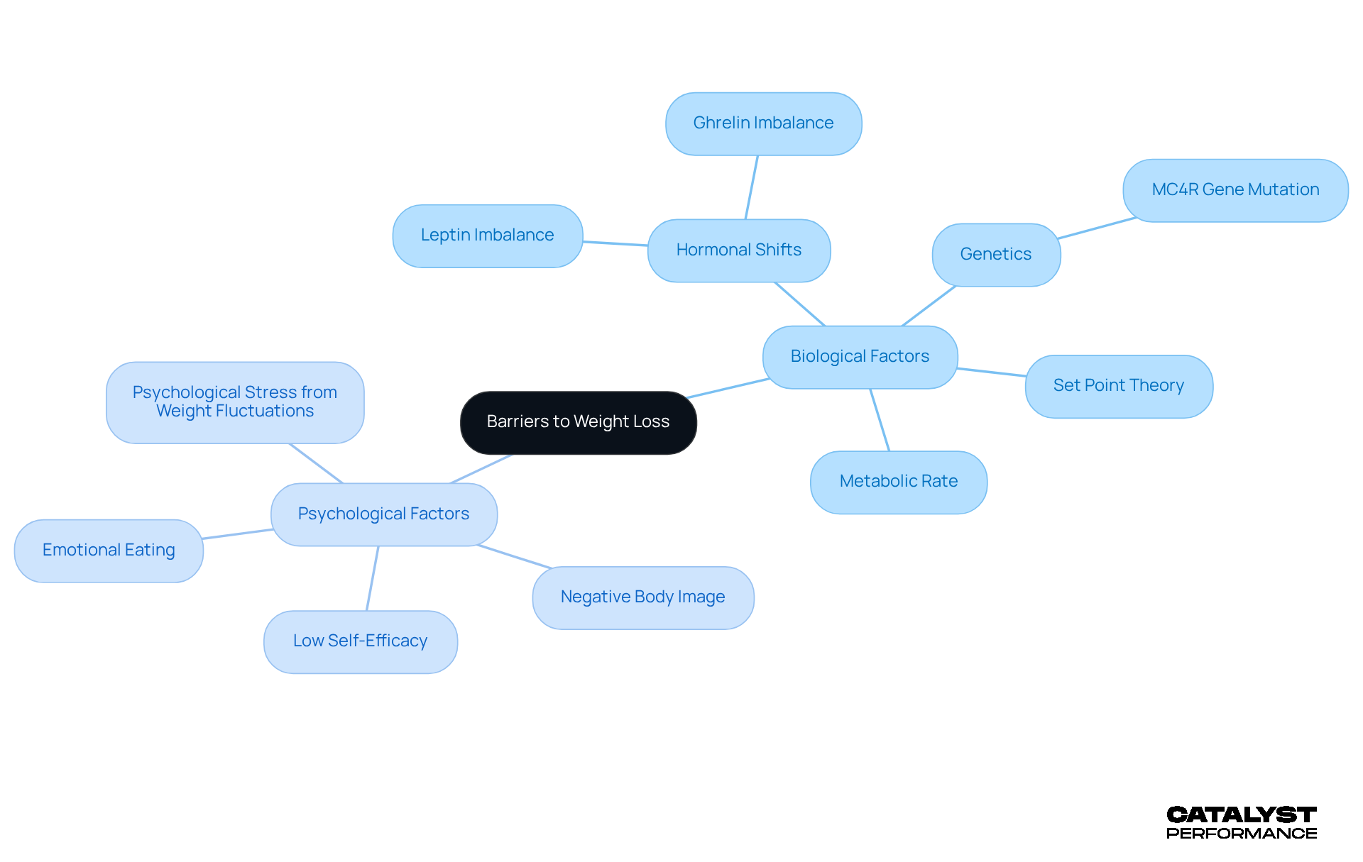 The central node represents the overall challenge of weight loss, while the branches show the different biological and psychological factors that can make this journey difficult. Each sub-branch provides specific examples of these factors. The central node represents the overall challenge of weight loss, while the branches show the different biological and psychological factors that can make this journey difficult. Each sub-branch provides specific examples of these factors.