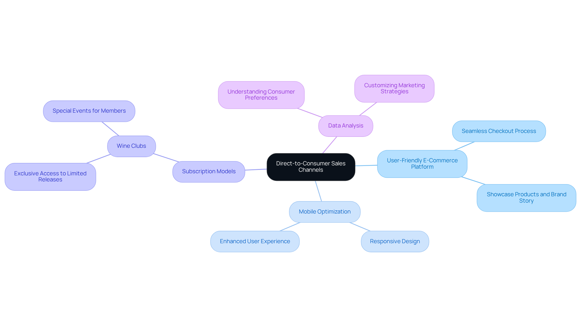 The center represents the main goal of developing DTC sales channels, with branches showing different strategies. Each sub-branch highlights specific actions or benefits connected to that strategy.