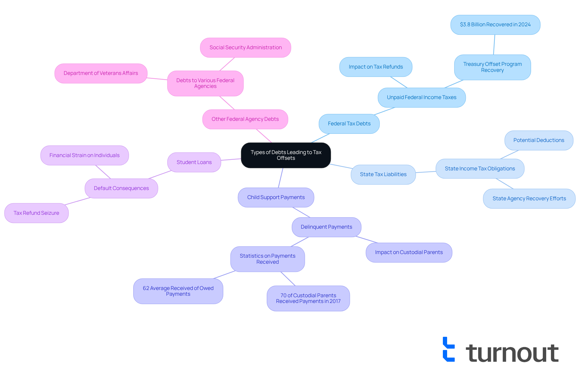 The central node represents the main topic, while the branches show different types of debts. Each branch contains important details or statistics that explain how these debts can affect your tax situation.