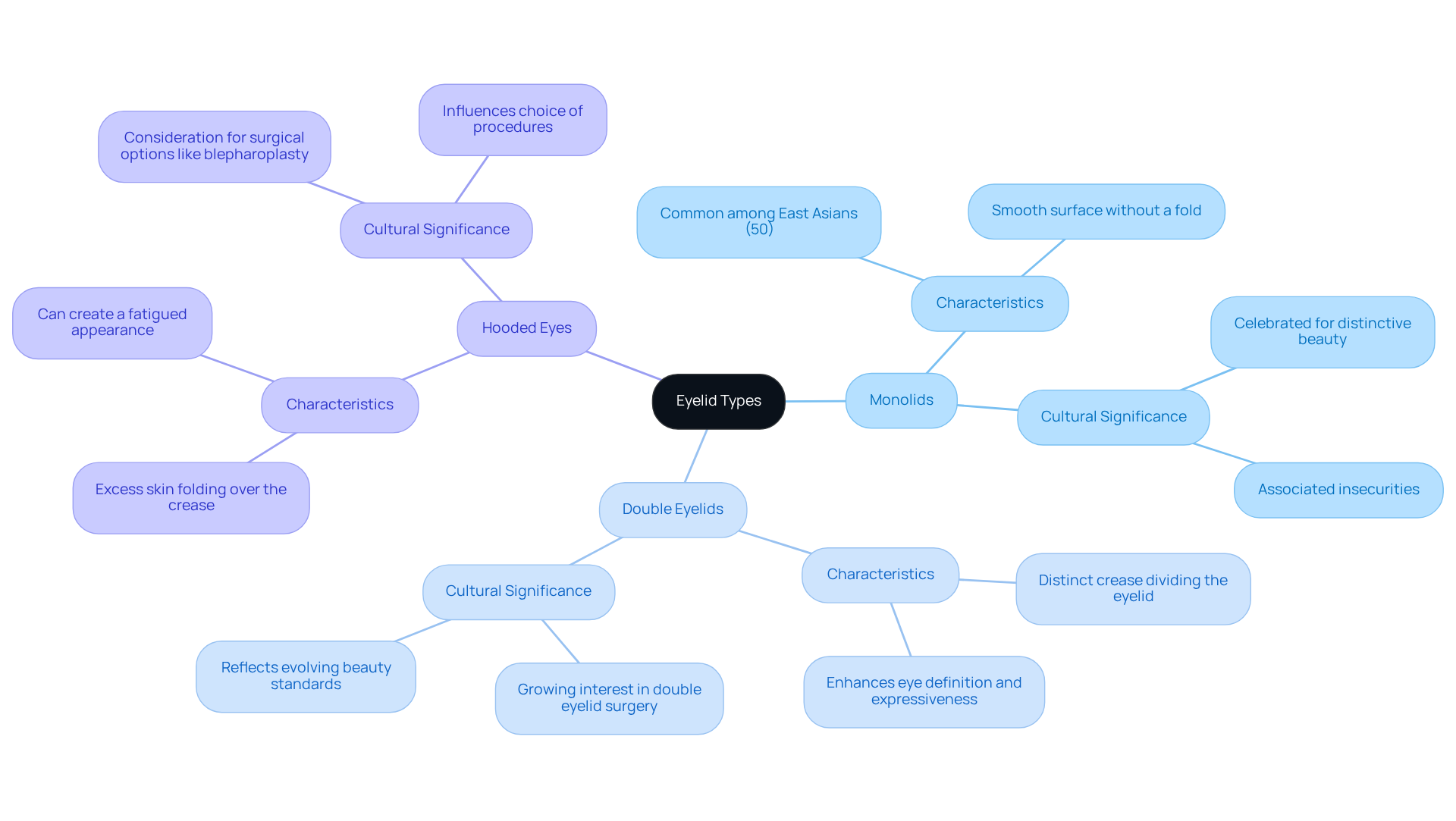 The central node represents the main topic of eyelid types. Each branch shows a different type of eyelid, with further details about its features and cultural context. This layout helps you understand the unique aspects of each type at a glance. The central node represents the main topic of eyelid types. Each branch shows a different type of eyelid, with further details about its features and cultural context. This layout helps you understand the unique aspects of each type at a glance.