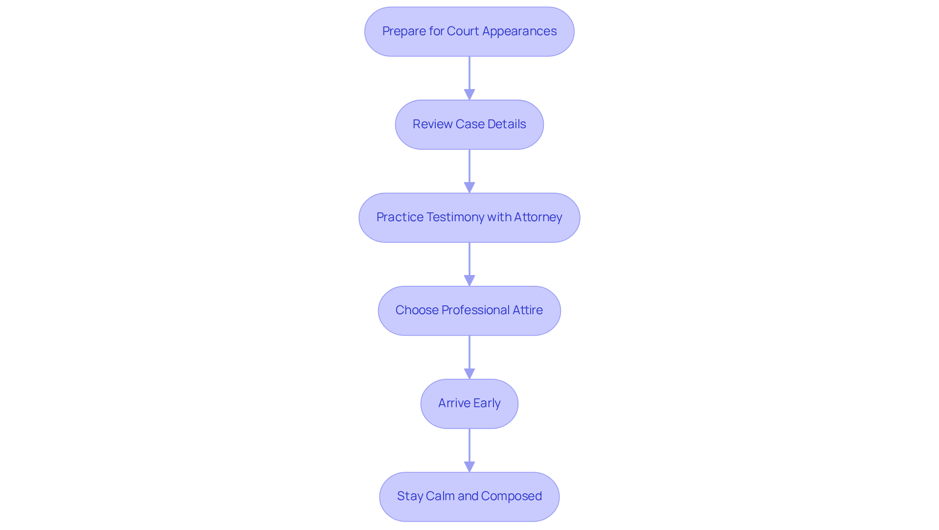 Each box represents a step you should take to prepare for your court appearance. Follow the arrows to see the order in which you should tackle these steps for the best preparation.