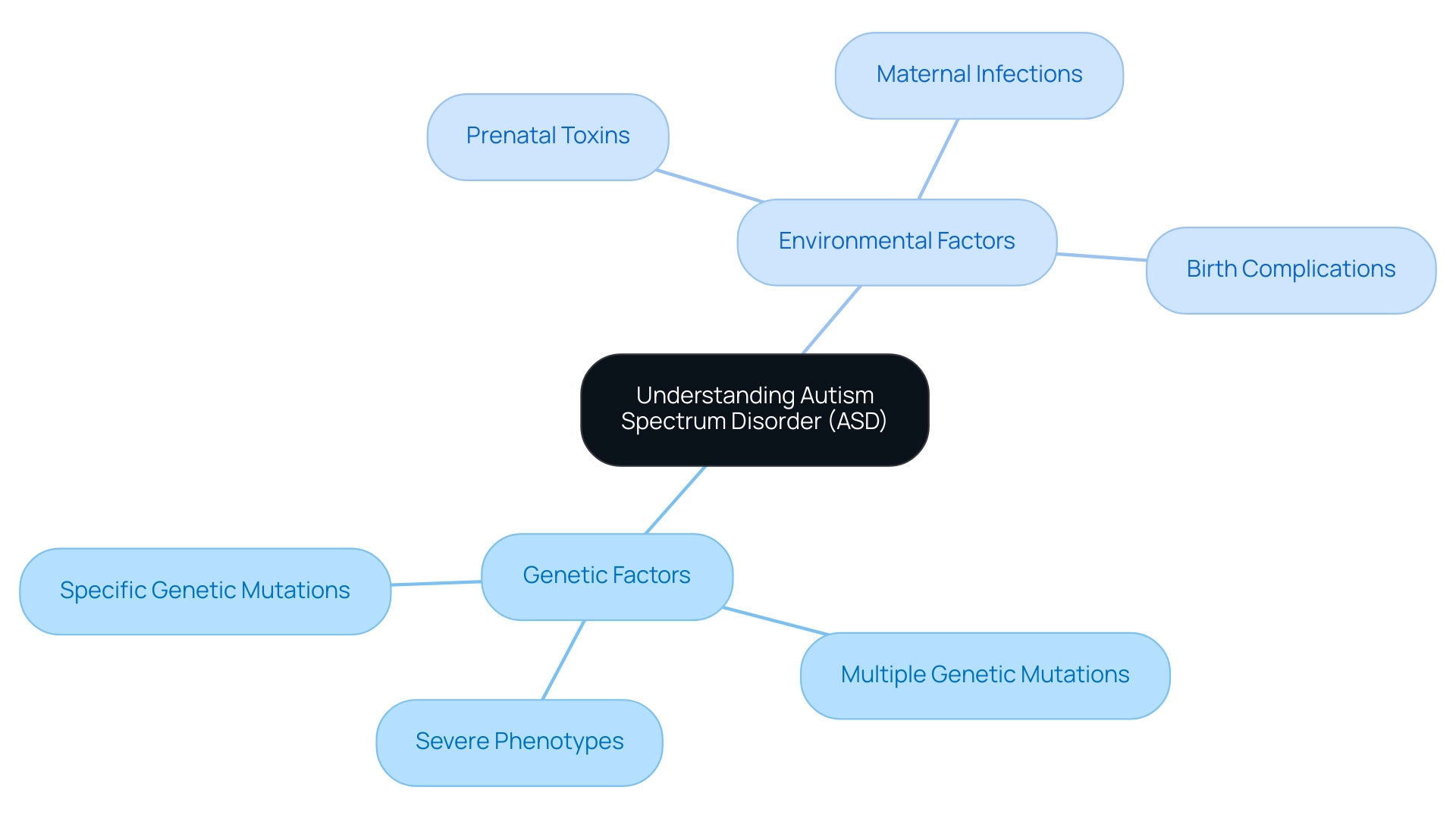 The central node represents ASD, with branches showing the two main influences (genetic and environmental) and their respective subcategories.