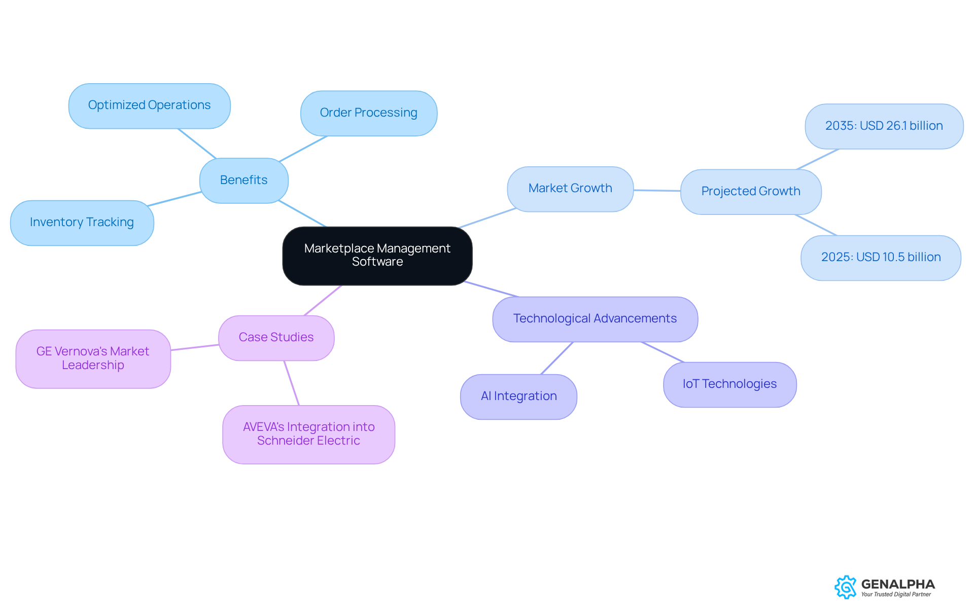 The central node represents the main topic, while the branches show related areas of interest. Each branch highlights important aspects of marketplace management software, helping you see how they connect and contribute to the overall understanding of the topic.