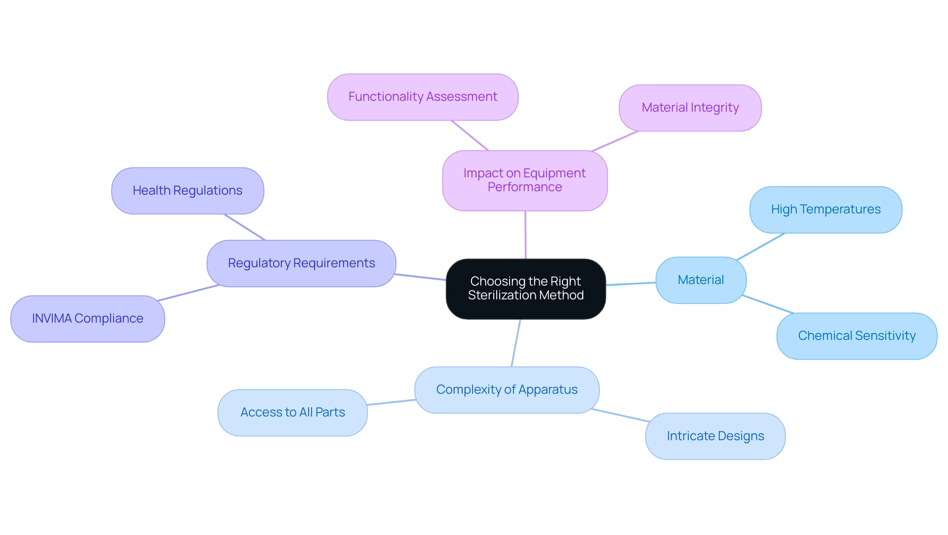 Each branch represents a key factor in the sterilization method decision-making process, with colors differentiating the factors.