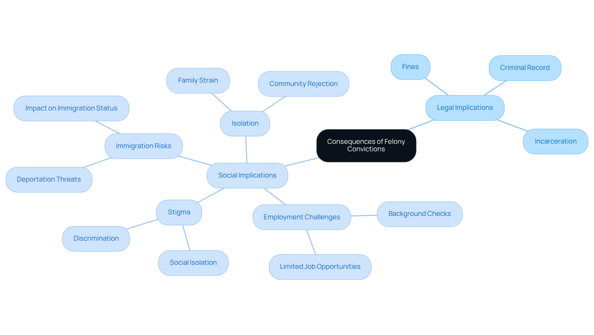 The central node represents the main topic, while the branches show different consequences. Each color-coded branch helps you understand the various legal and social challenges faced by individuals with felony convictions. The central node represents the main topic, while the branches show different consequences. Each color-coded branch helps you understand the various legal and social challenges faced by individuals with felony convictions.