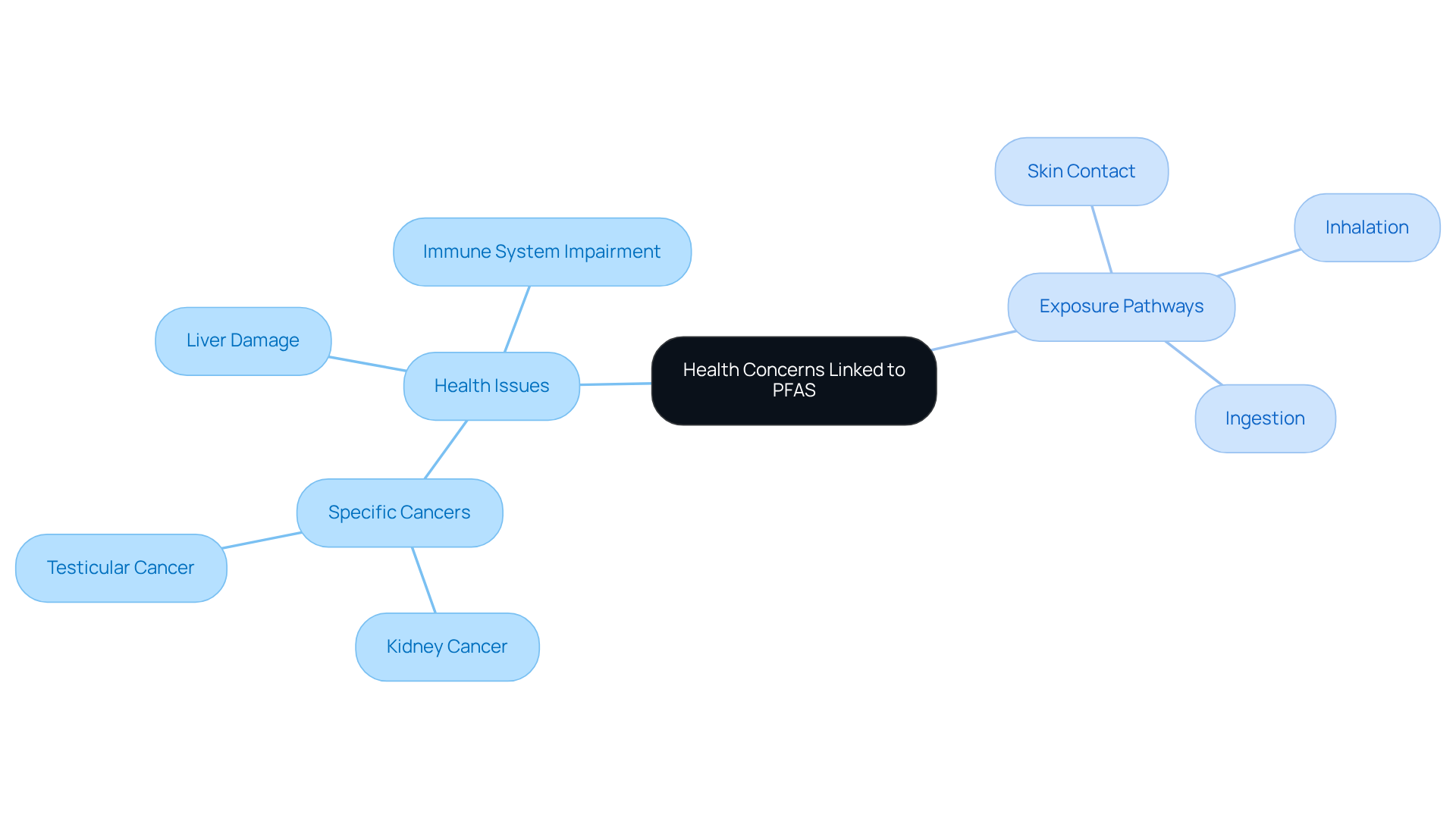 The center shows the main topic of health concerns related to PFAS. Follow the branches to see specific health issues and how people can be exposed to these harmful substances. The center shows the main topic of health concerns related to PFAS. Follow the branches to see specific health issues and how people can be exposed to these harmful substances.