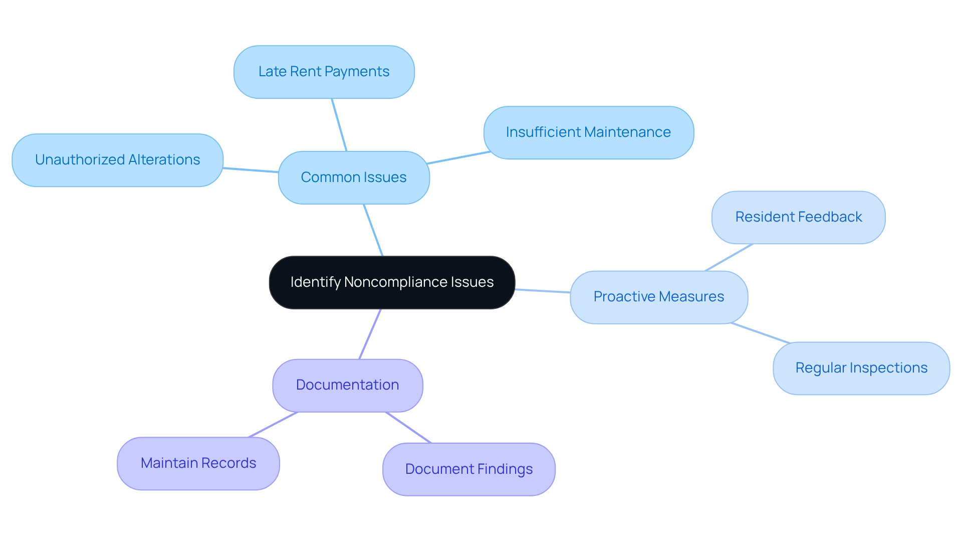 The center shows the main focus on identifying noncompliance issues, with branches leading to specific problems and strategies. Each branch helps you understand how to tackle these issues effectively.