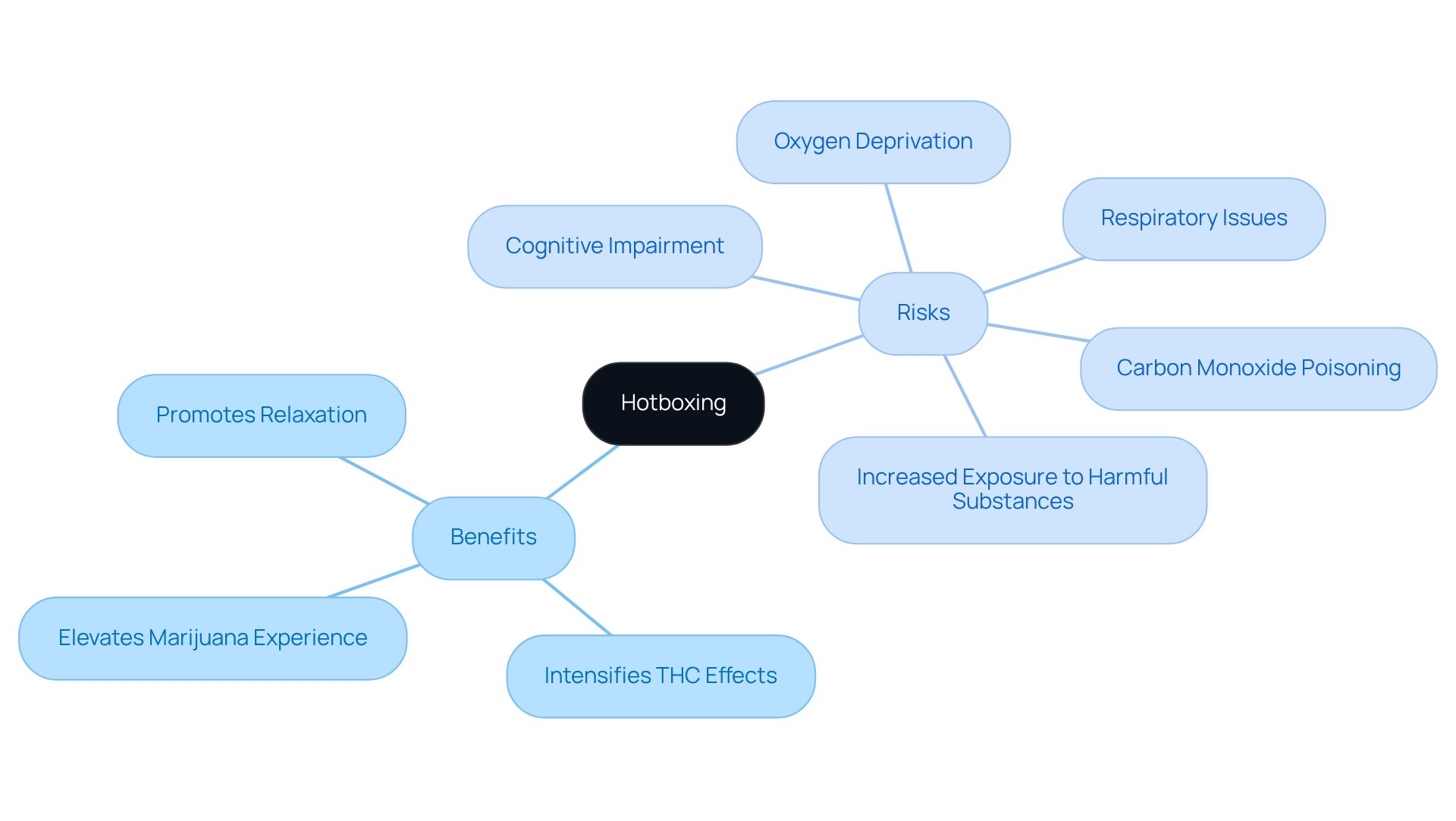 The center represents hotboxing, with branches showing the good and bad sides. The benefits highlight the enjoyable aspects, while the risks remind you to be cautious. The center represents hotboxing, with branches showing the good and bad sides. The benefits highlight the enjoyable aspects, while the risks remind you to be cautious.