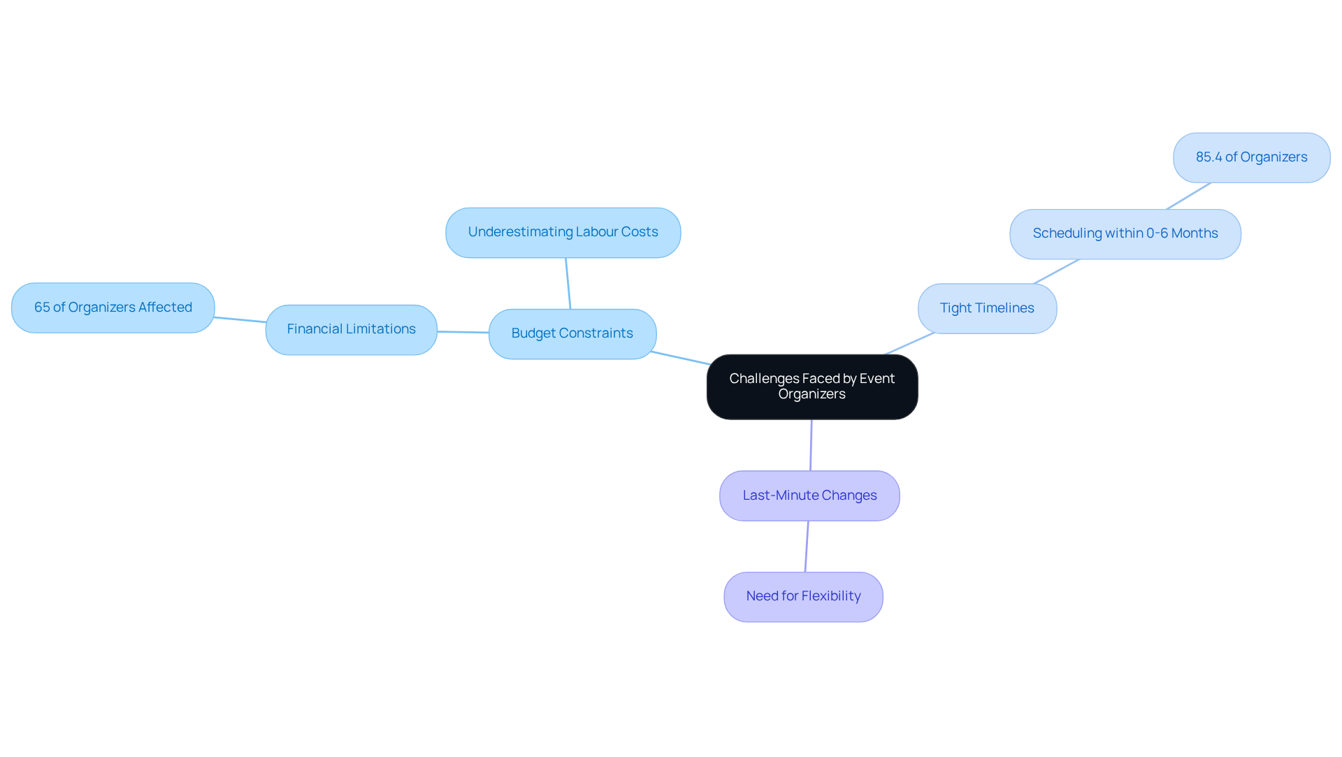 The central node represents the main theme, while the branches show specific challenges. Each sub-branch provides additional details or statistics related to that challenge, helping you understand the complexities organizers face.