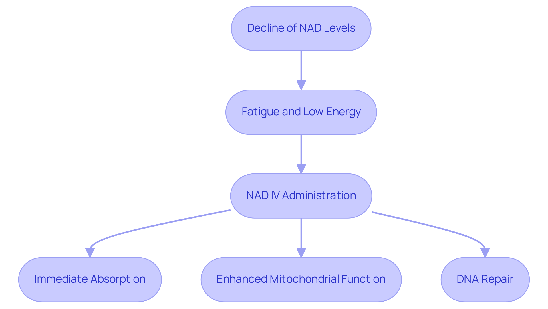 This flowchart illustrates how declining NAD levels can lead to fatigue, and how NAD IV therapy can help restore energy and support cellular health. Follow the arrows to see how each step connects.