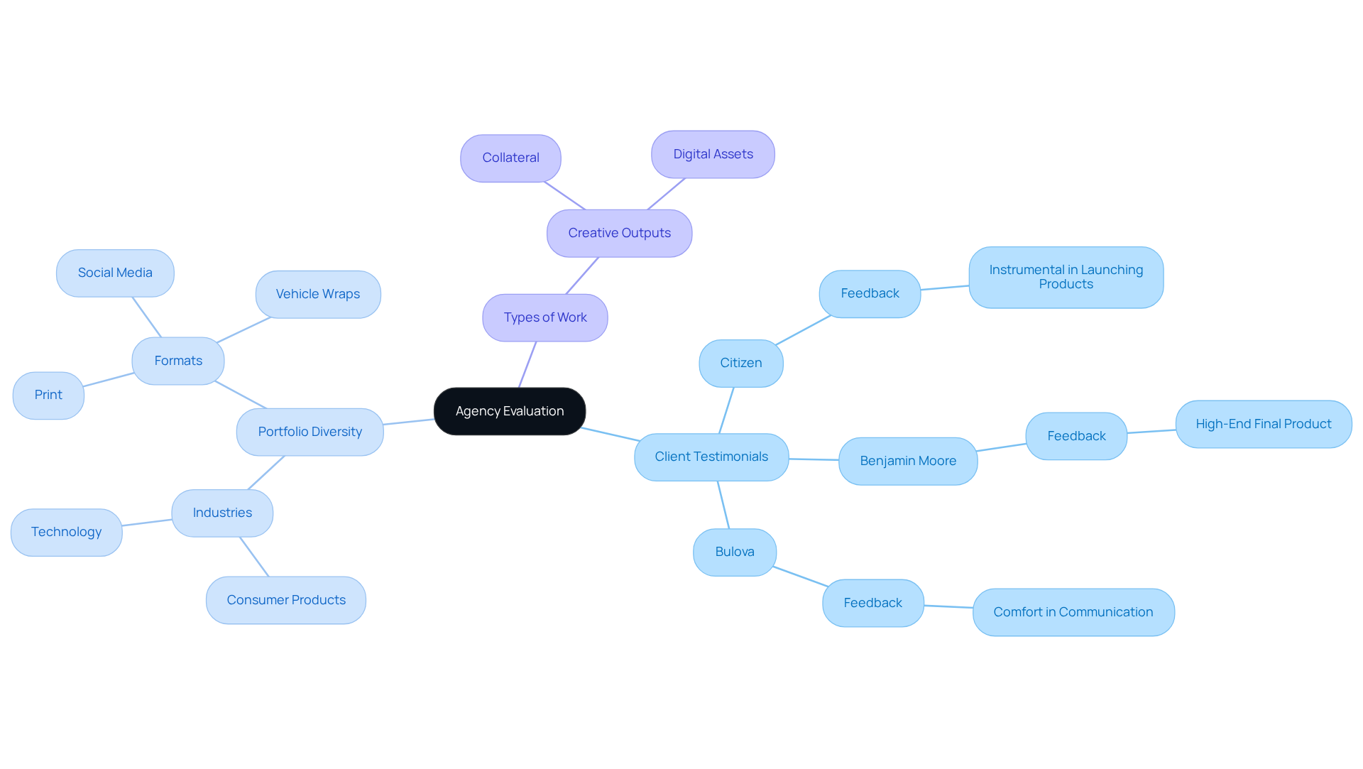 Begin at the center with the overall evaluation, and follow the branches to explore client experiences and the variety of work done by the agency. Each branch helps you see how different elements contribute to the agency's strengths.