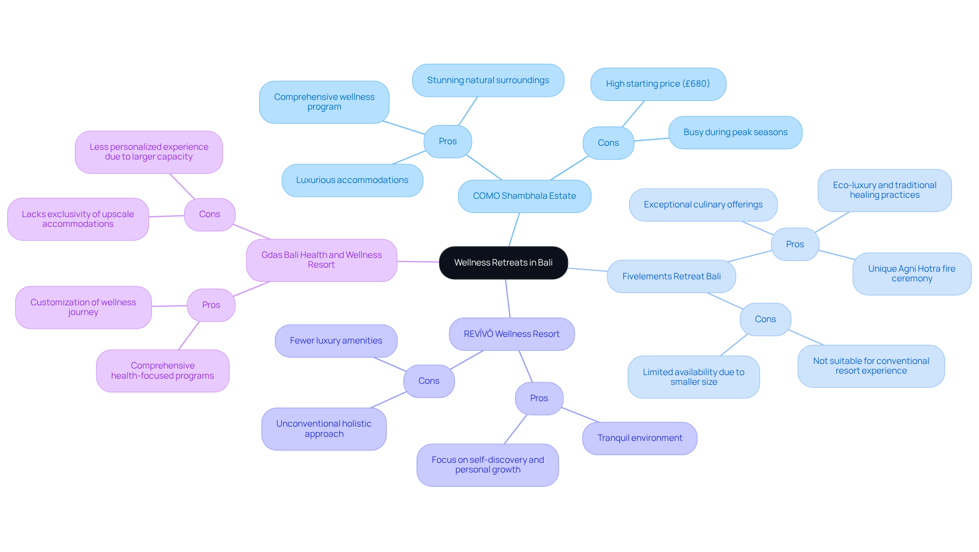 The central node represents the overall topic, while each branch shows a specific retreat. Pros are listed under each retreat's branch, highlighting the benefits, and cons show the drawbacks, helping you weigh your options.