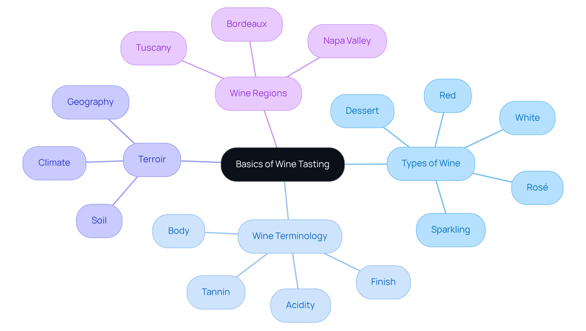 Start at the center with the main topic of wine tasting. Follow the branches to explore the key areas that contribute to understanding and enjoying wine, each represented by a unique color.