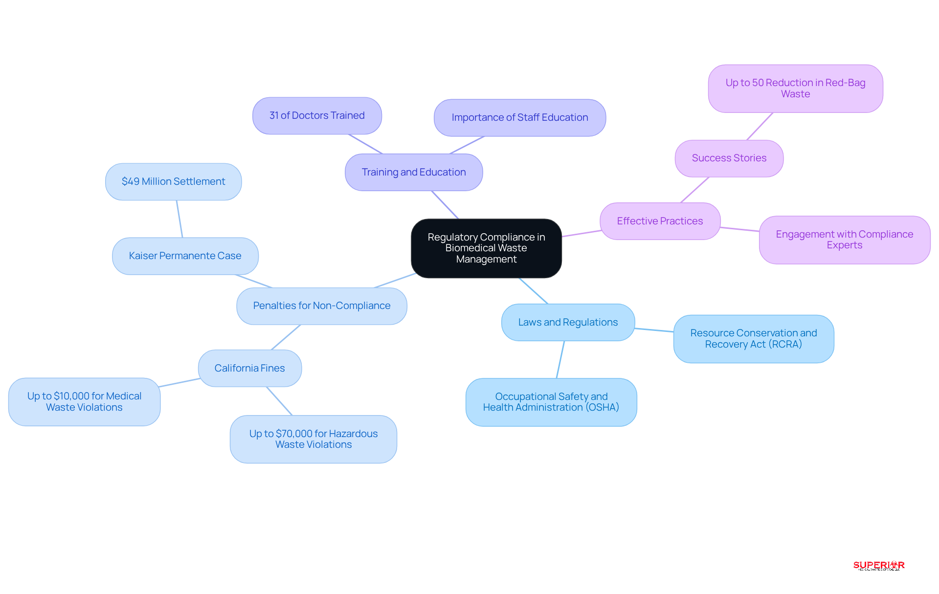 The central node represents the main topic, while branches illustrate key areas of compliance, penalties, training, and effective practices. Each branch connects back to the central theme, showing how they contribute to overall regulatory adherence.