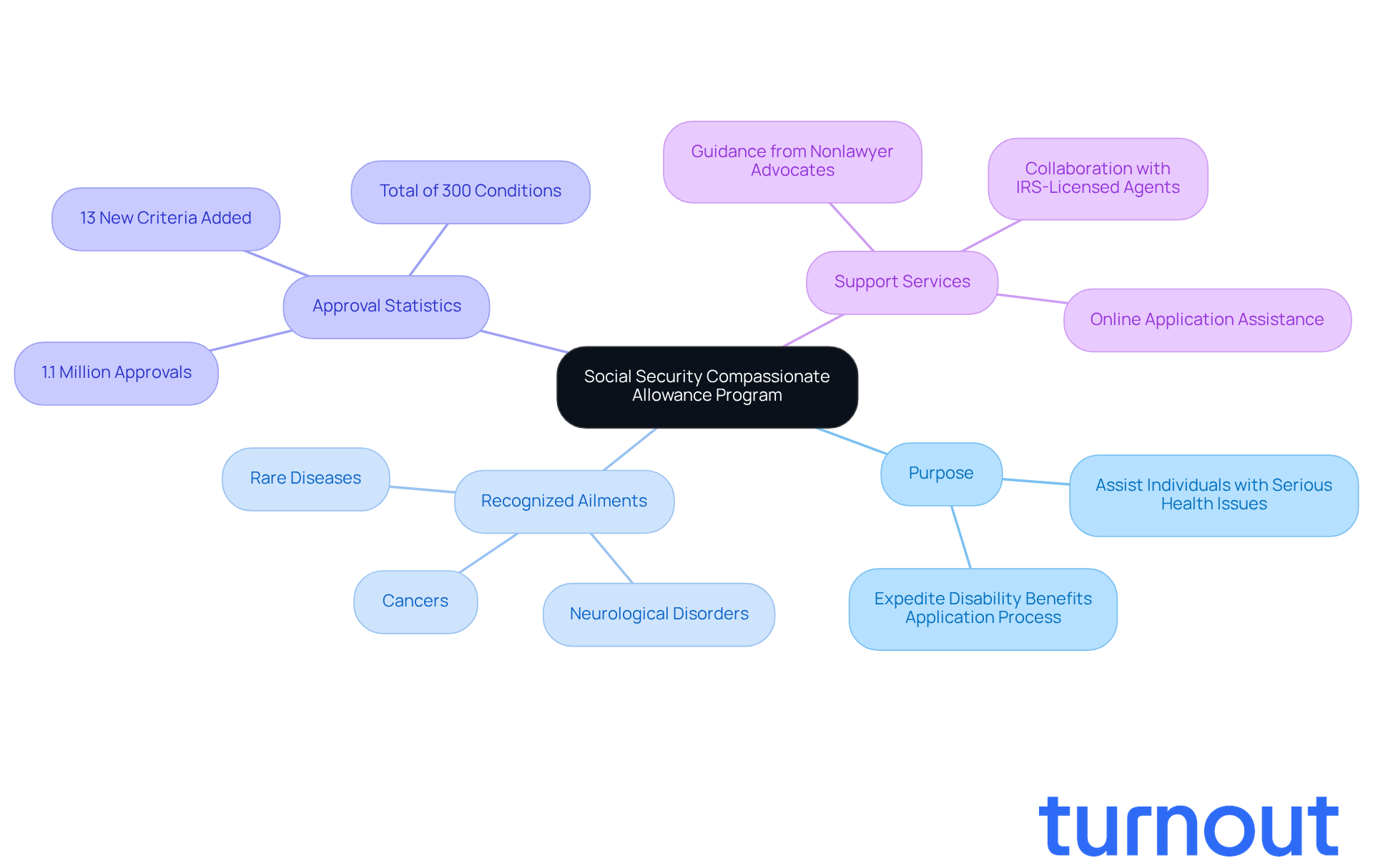 The center represents the Compassionate Allowance Program, with branches showing its purpose, the ailments it covers, how many people it has helped, and the support available for applicants.