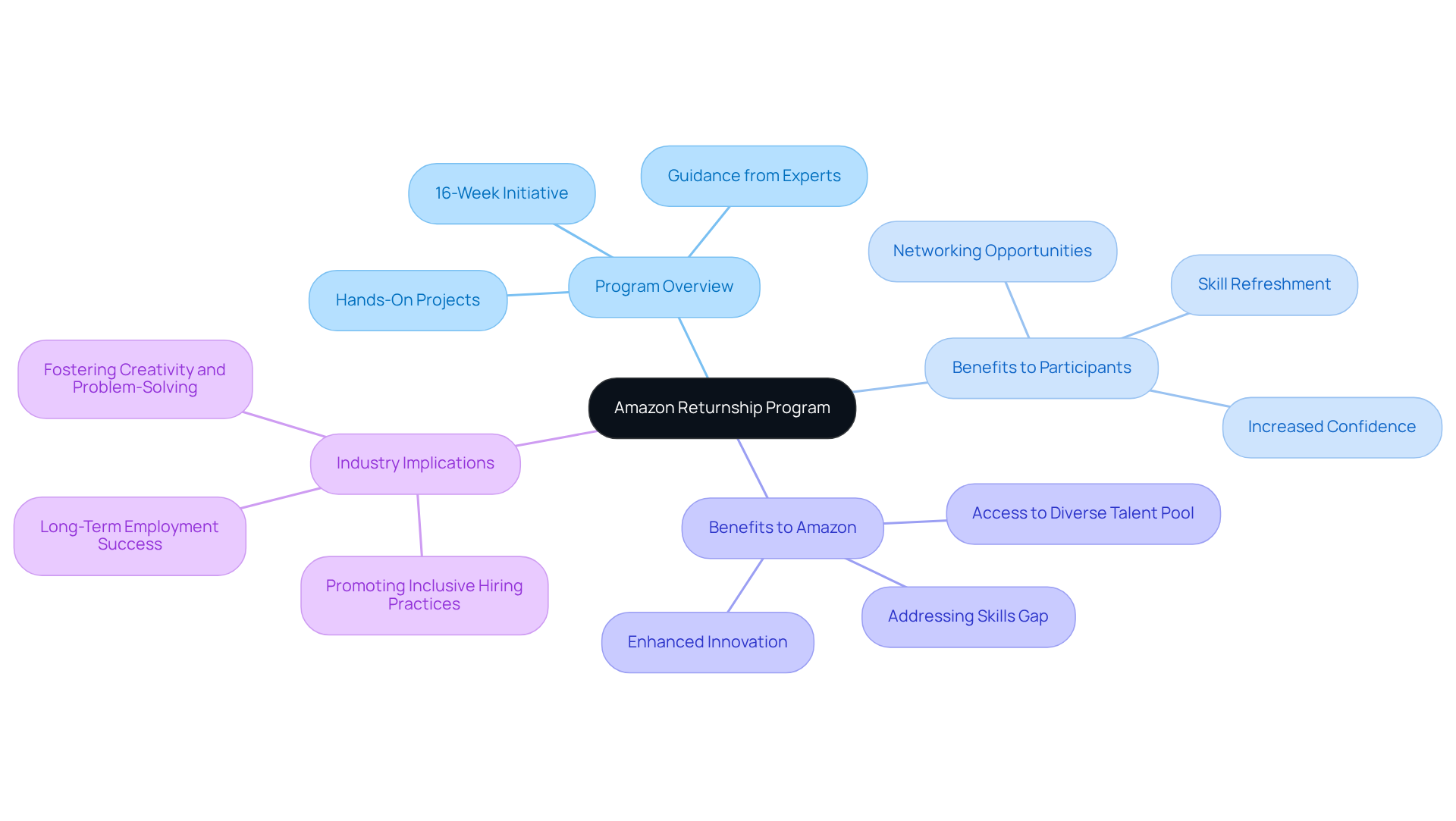 The central node represents the program, while the branches show its main features and advantages for both individuals and the company. Each color-coded branch helps to categorize the information for easier understanding.