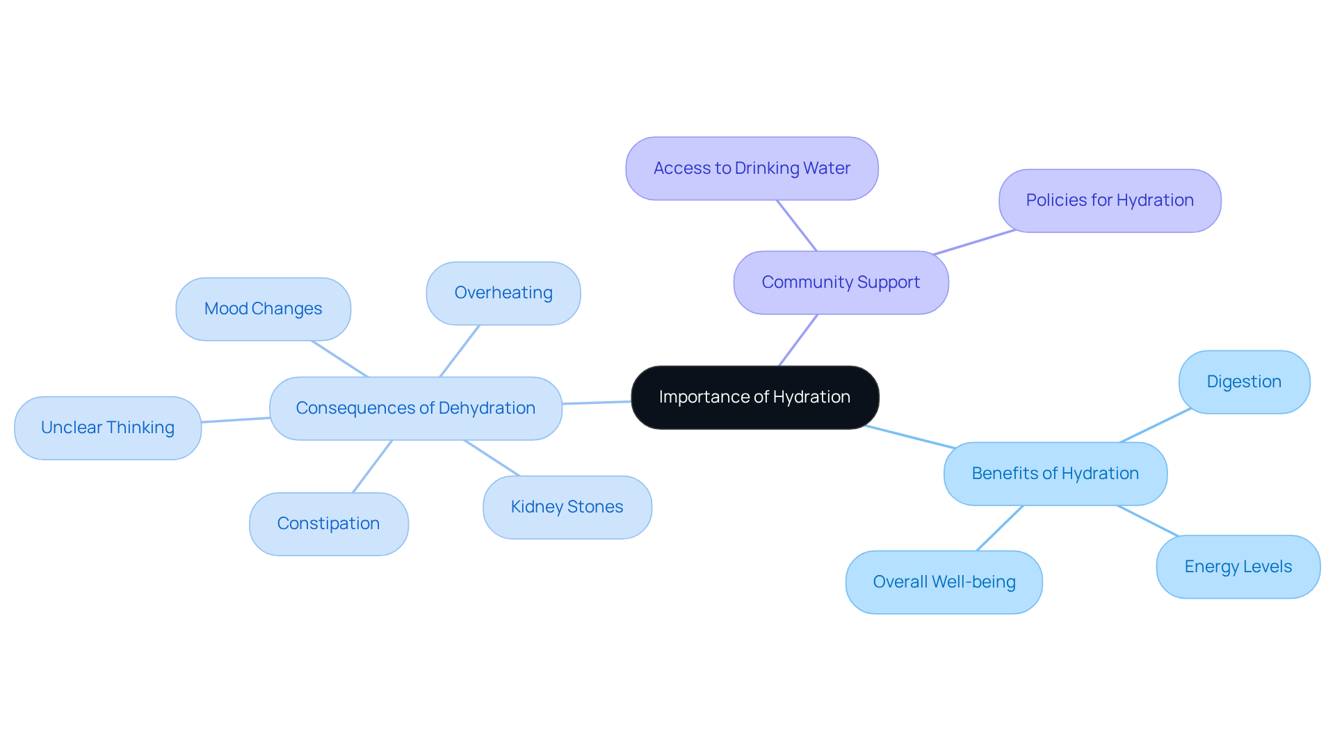 The center shows why hydration is important, with branches detailing its benefits and the risks of not drinking enough water. Follow the branches to understand how staying hydrated can improve health and what happens when we don't.
