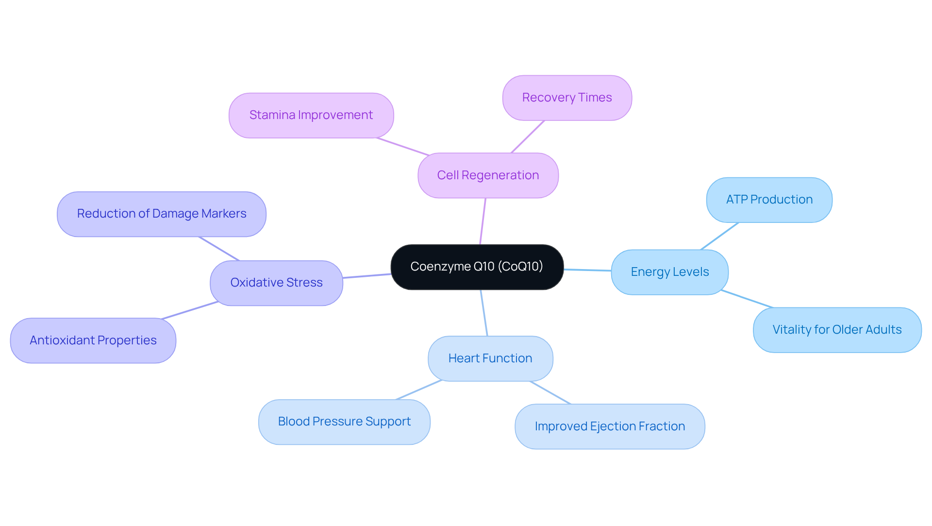 This mindmap illustrates how CoQ10 contributes to energy and health. Each branch represents a key benefit, showing how they connect to the central idea of vitality and regeneration. Follow the branches to explore how CoQ10 can enhance your life! This mindmap illustrates how CoQ10 contributes to energy and health. Each branch represents a key benefit, showing how they connect to the central idea of vitality and regeneration. Follow the branches to explore how CoQ10 can enhance your life!