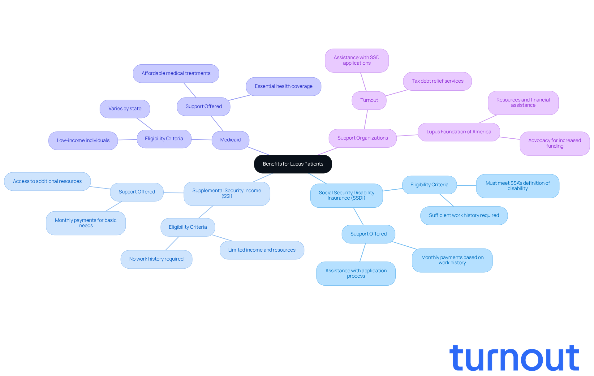 The central node represents the overall theme of benefits for lupus patients. Each branch shows a different type of support available, with further details on what each program offers. This layout helps you see all your options at a glance.