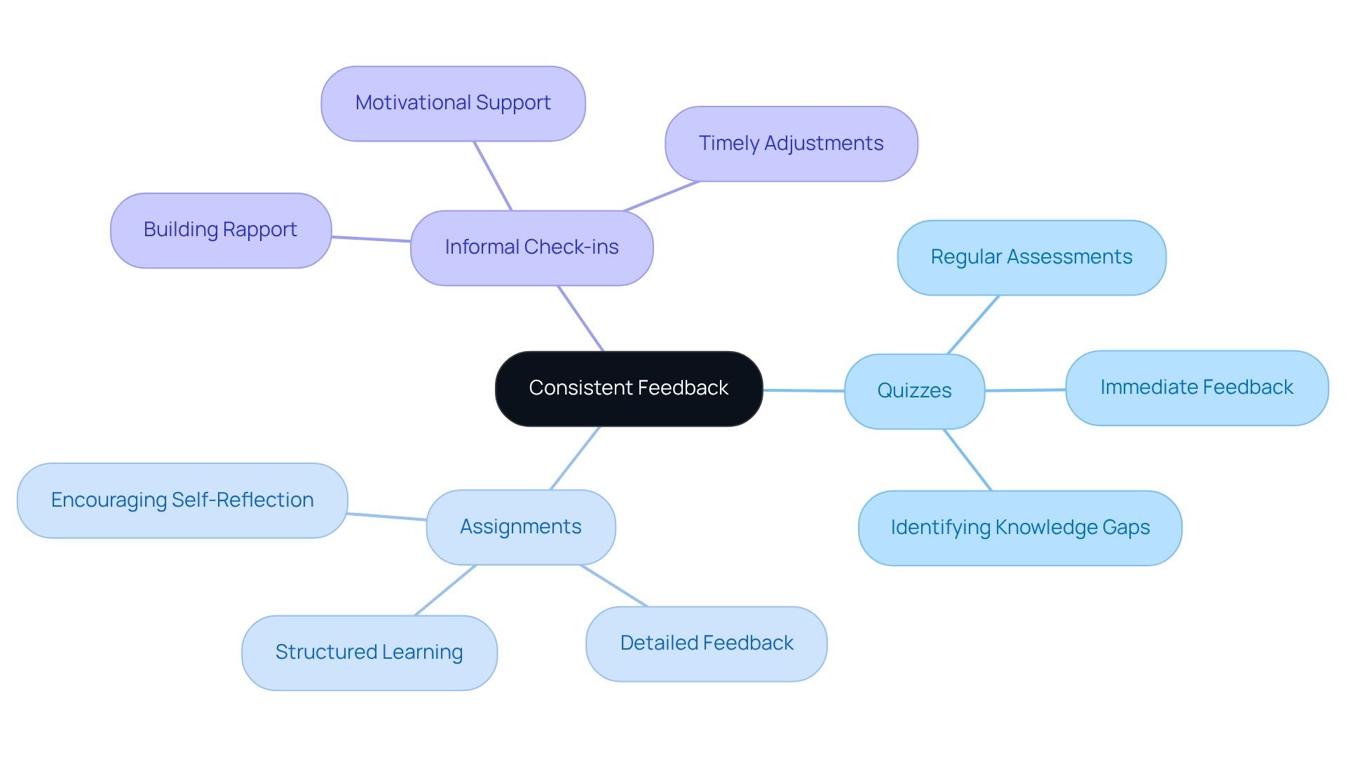 The central node represents the importance of consistent feedback, while the branches show different methods used to assess learners. Each method plays a role in helping students improve and stay motivated.