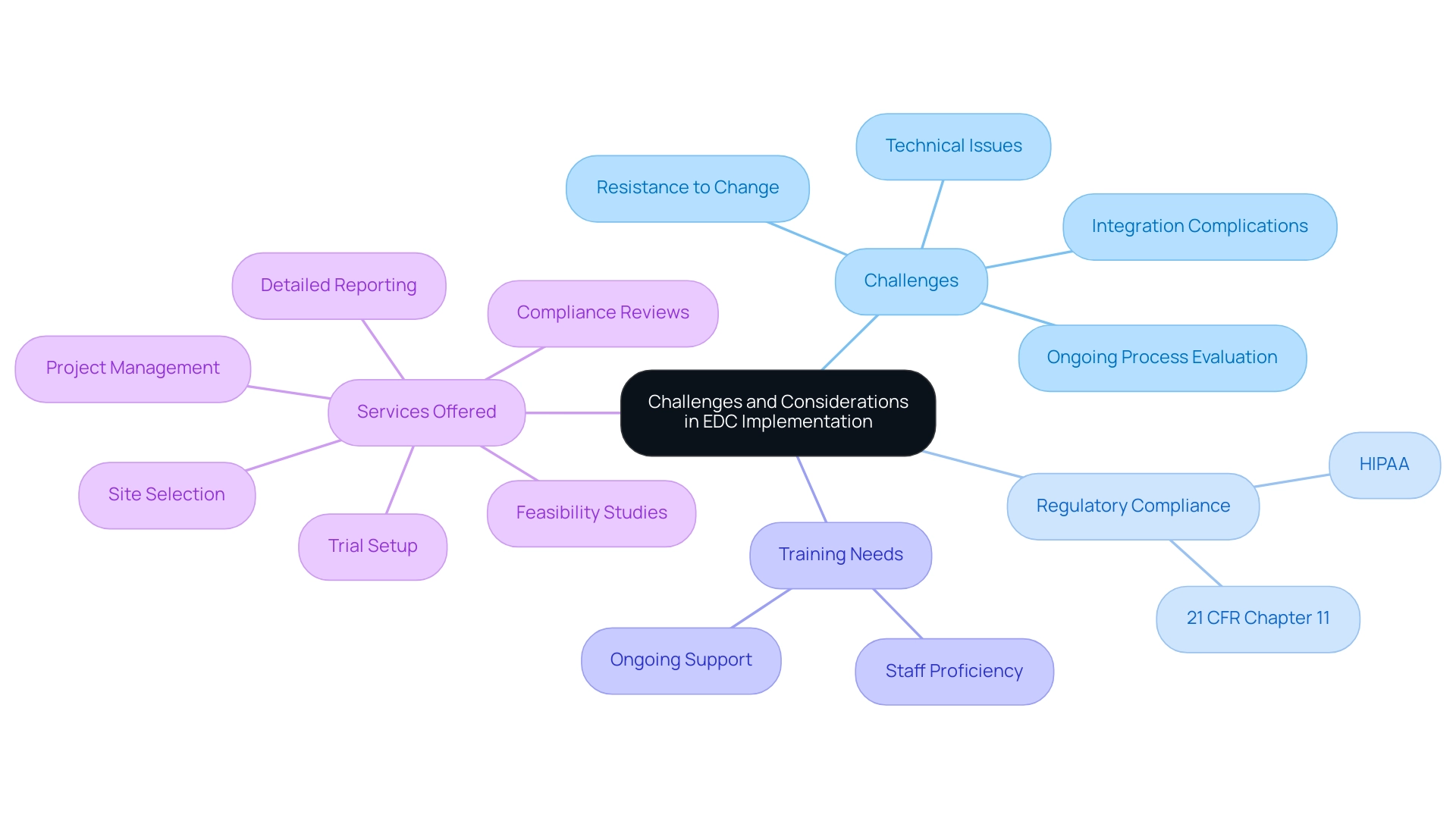 The central node represents the overall topic, with branches showing the main challenges, compliance issues, training needs, and available services.