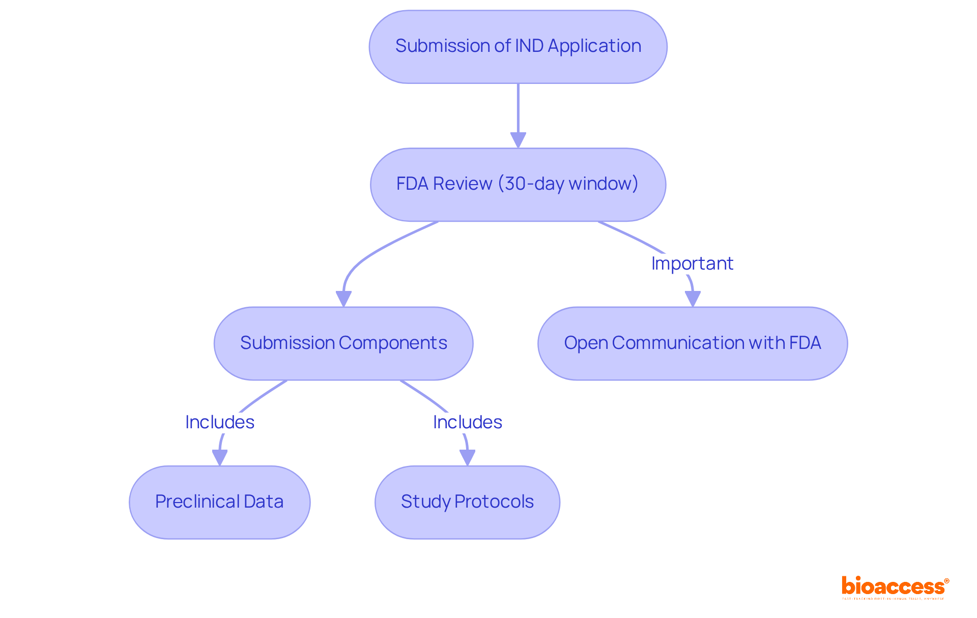 This flowchart outlines the steps directors should follow when submitting an IND application. Each box represents an important action or consideration, and arrows show the sequence of the process — follow the path to understand how to enhance your IND submission.