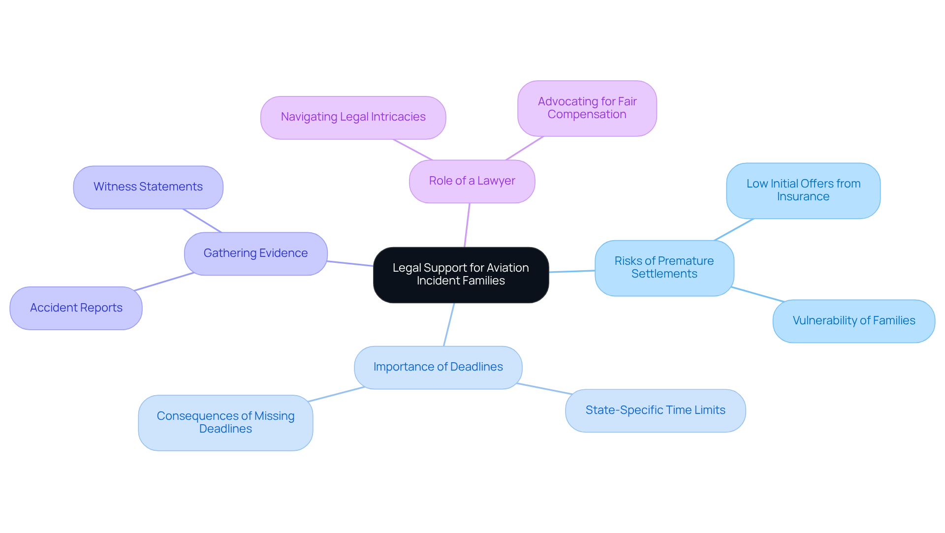 The central node represents the overall theme of seeking legal support. Each branch highlights a critical aspect of the situation, helping families understand the complexities they face and the importance of timely action.