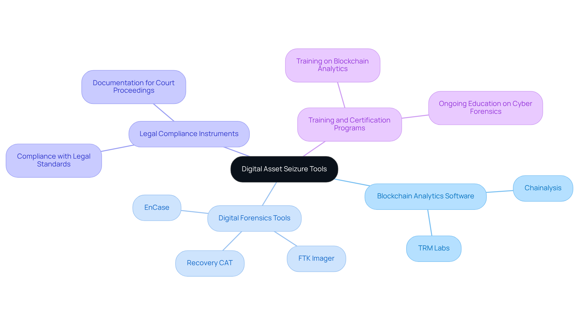 The central node represents the main topic, while the branches show different categories of tools. Each sub-branch provides specific examples or details, helping you understand how each tool contributes to effective digital asset seizure. The central node represents the main topic, while the branches show different categories of tools. Each sub-branch provides specific examples or details, helping you understand how each tool contributes to effective digital asset seizure.
