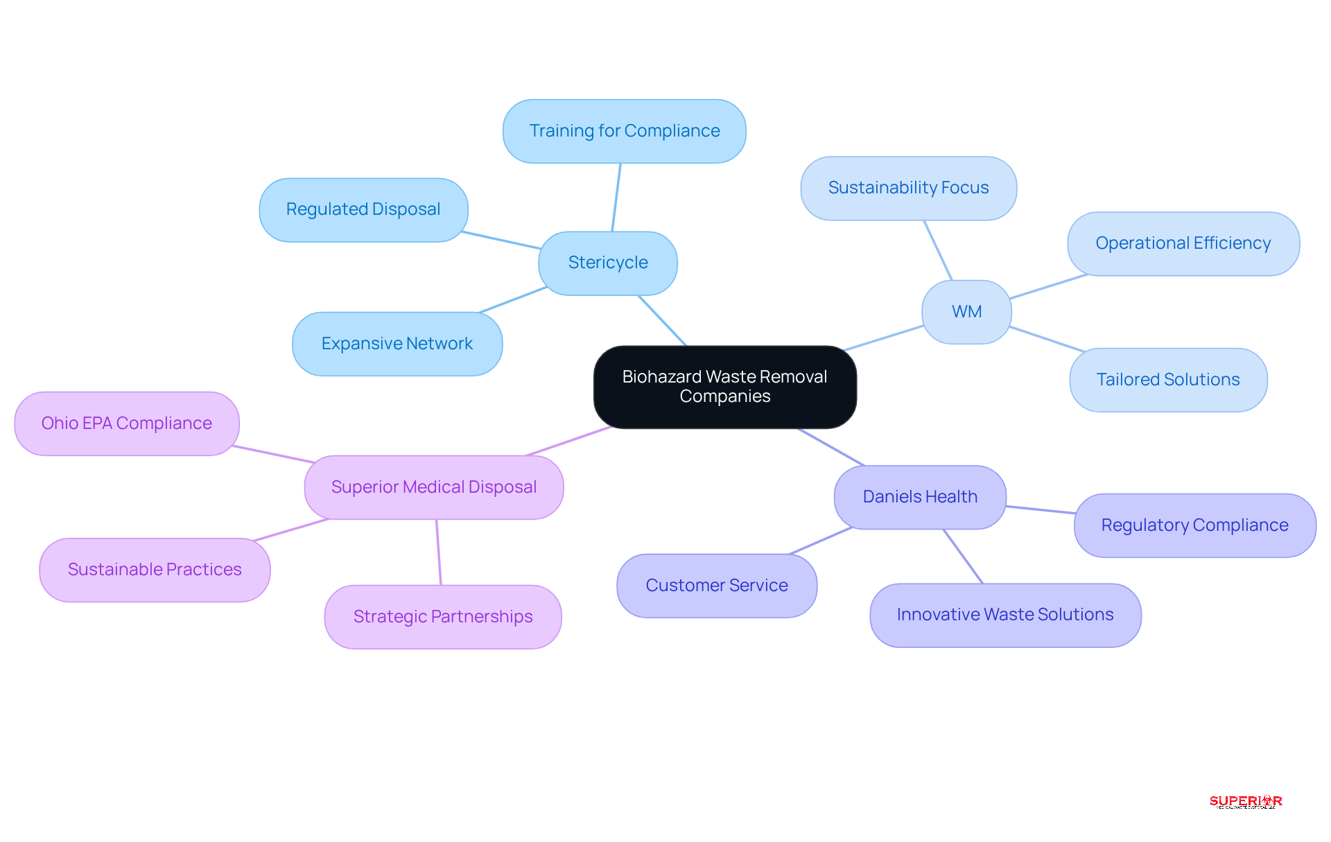 The central node represents the industry focus, while each branch highlights a company and its specific strengths. Follow the branches to understand how each company contributes to biohazard waste management.