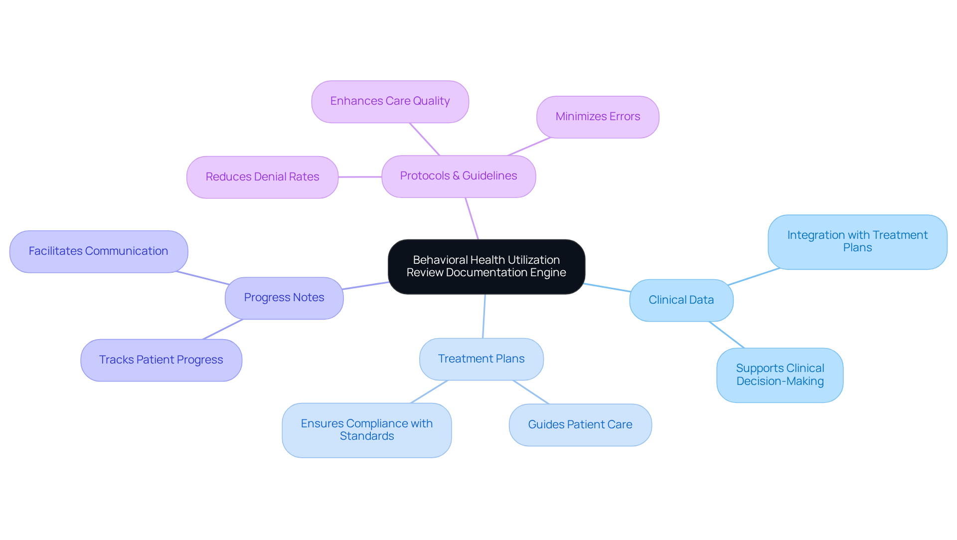 The center represents the main documentation engine, while the branches show its key components and how they contribute to improving behavioral health services.